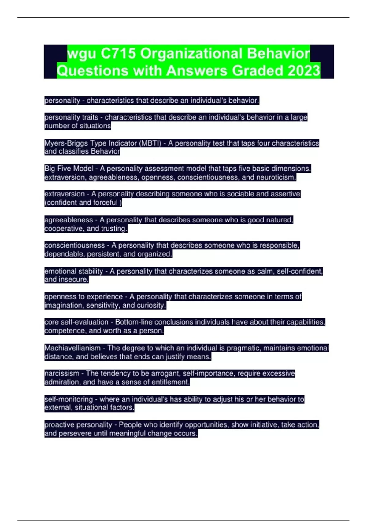 wgu C715 Organizational Behavior Questions with Answers Graded 2023 ...