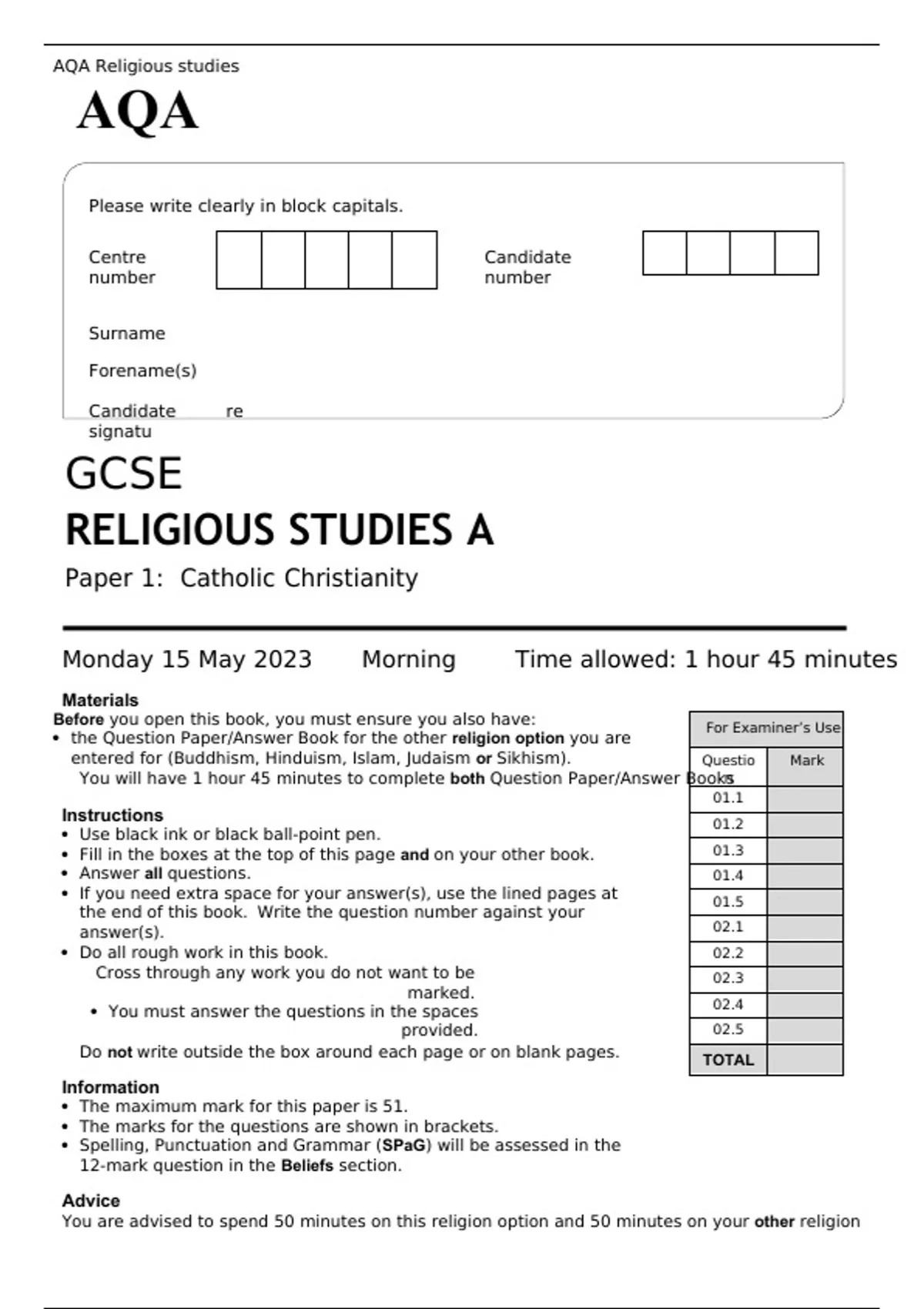 AQA GCSE RELIGIOUS STUDIES A Paper 1: Catholic Christianity MAY 2023 ...