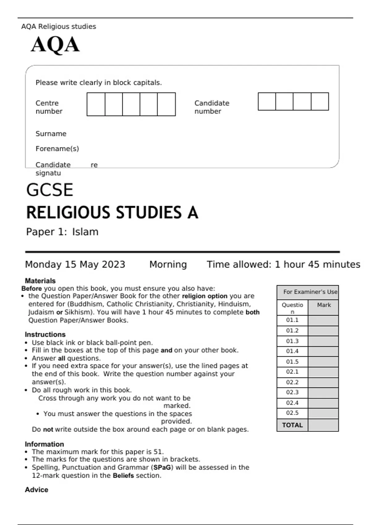 AQA GCSE RELIGIOUS STUDIES A Paper 1: Islam MAY 2023 QUESTION PAPER AND ...