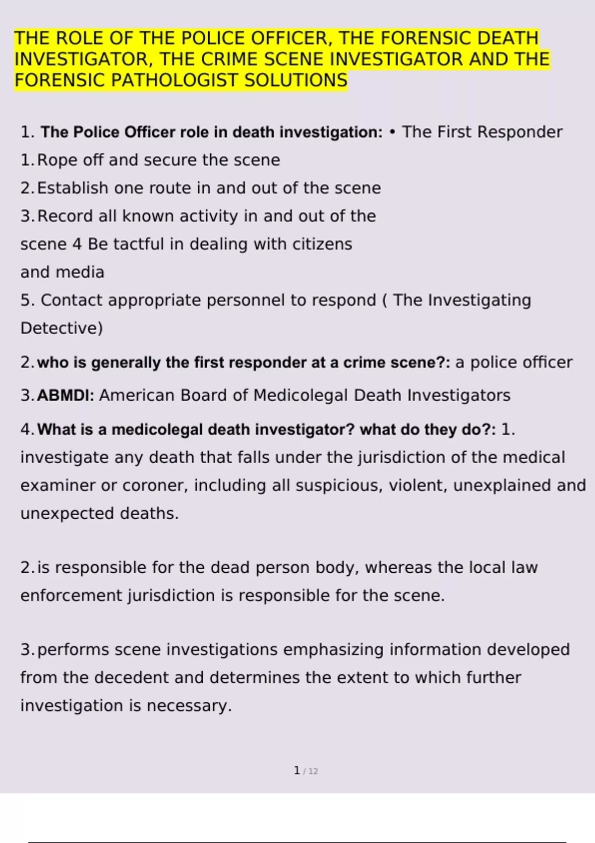 THE ROLE OF THE POLICE OFFICER, THE FORENSIC DEATH INVESTIGATOR, THE ...