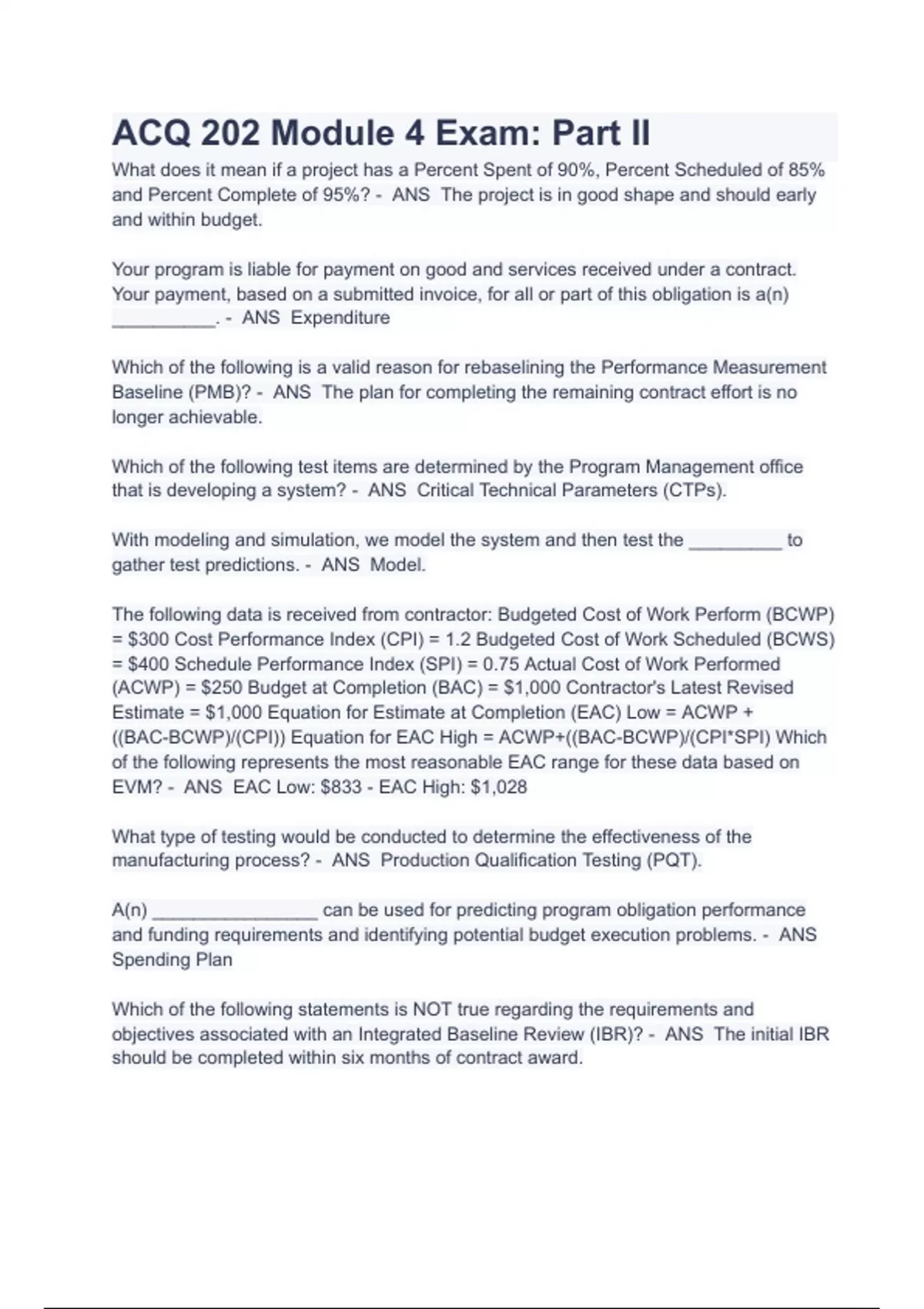 ACQ 202 Module 4 Exam: Part II WITH COMPLETE SOLUTIONS 2023 - ACQ 202 - Stuvia US