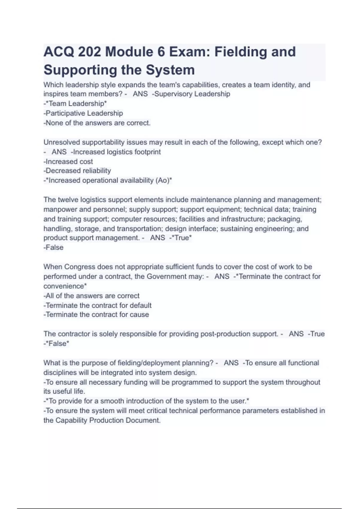 ACQ 202 Module 6 Exam: Fielding and Supporting the System WITH COMPLETE SOLUTION GUIDES 2023 ...