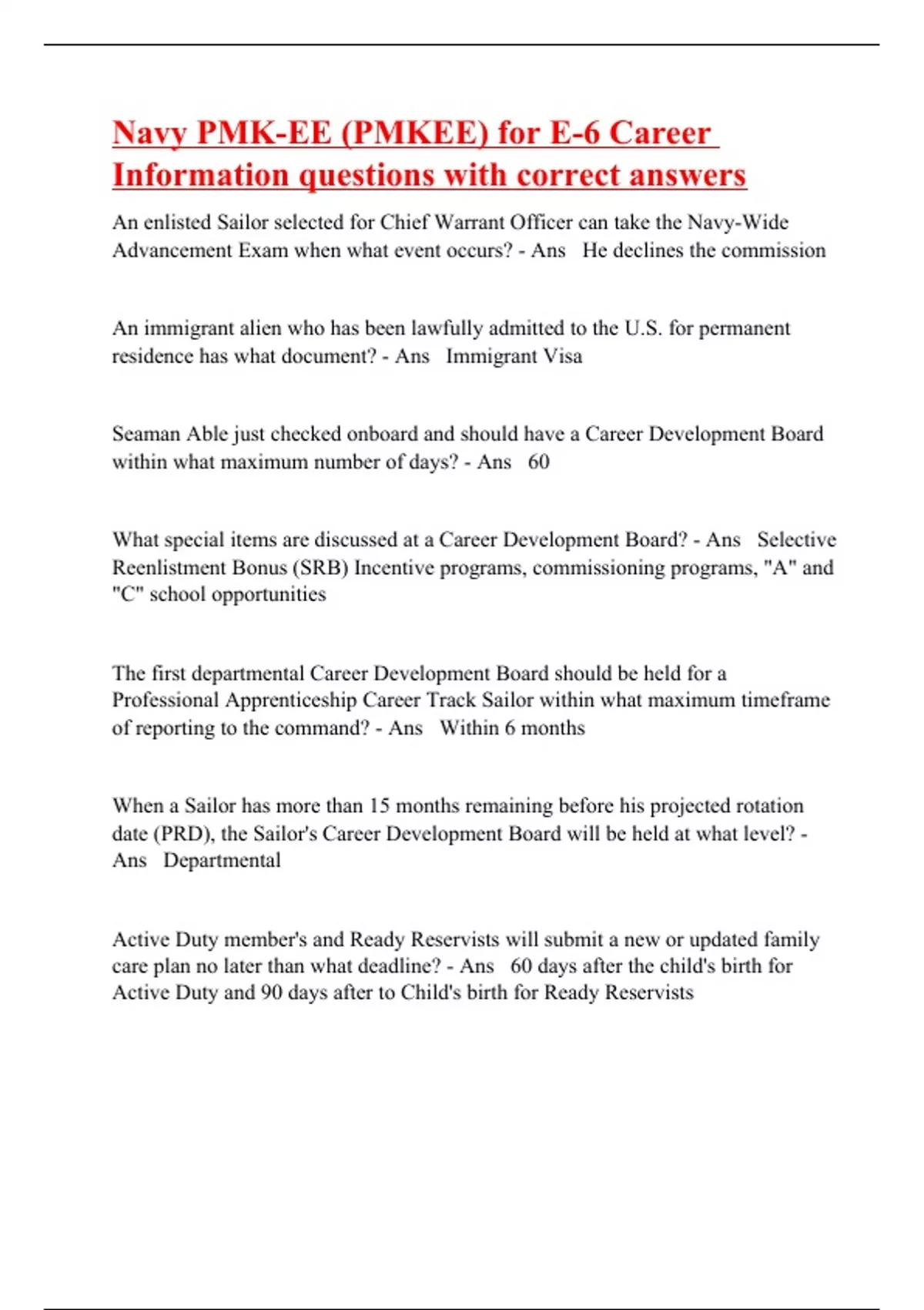 Navy PMK-EE (PMKEE) for E-6 Career Information questions with correct ...