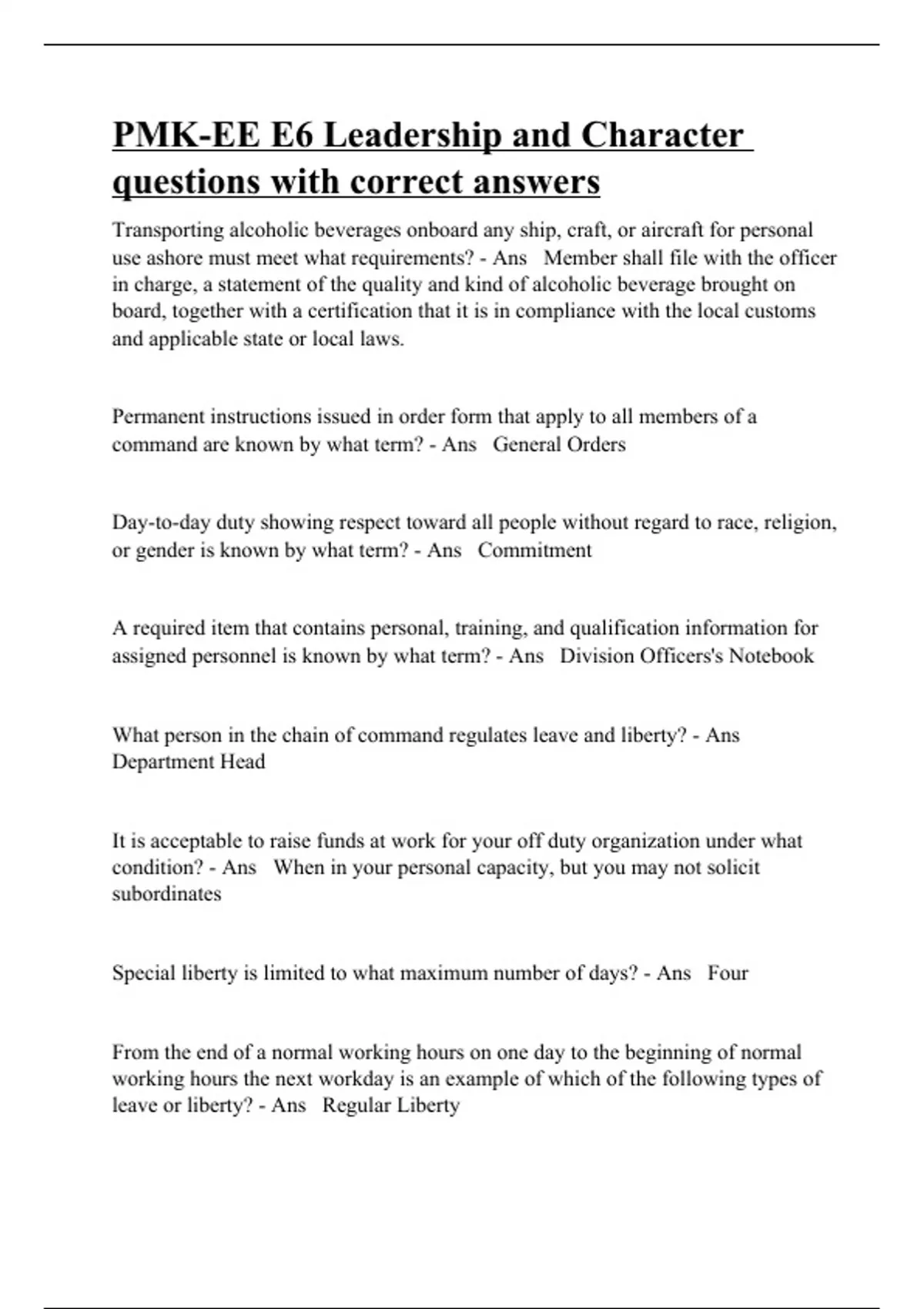 PMK-EE E6 Leadership and Character questions with correct answers - PMK ...