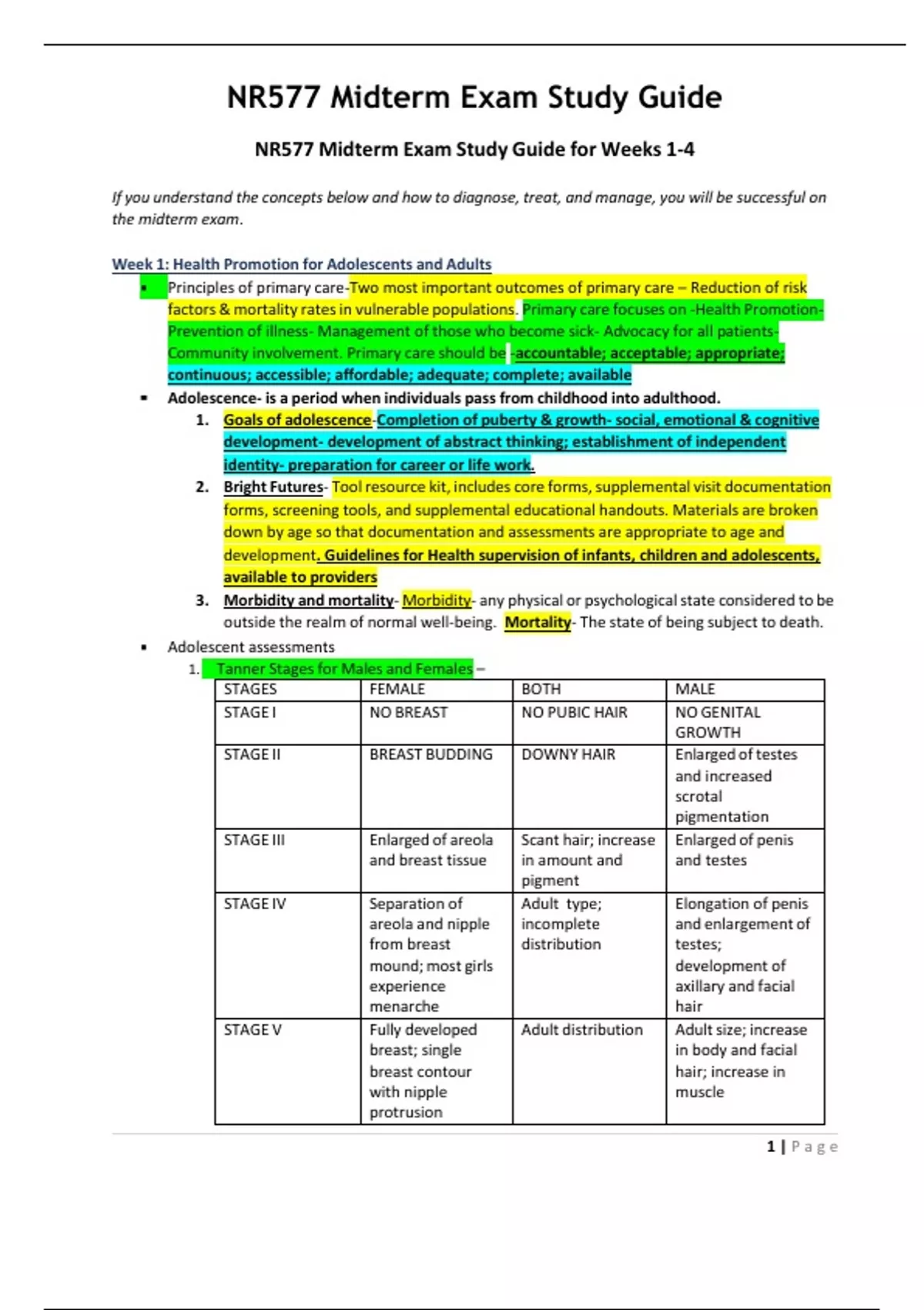 NR577 Midterm Exam Study Guide for Weeks 1-4 - NUR 577 (NR577) - Stuvia US