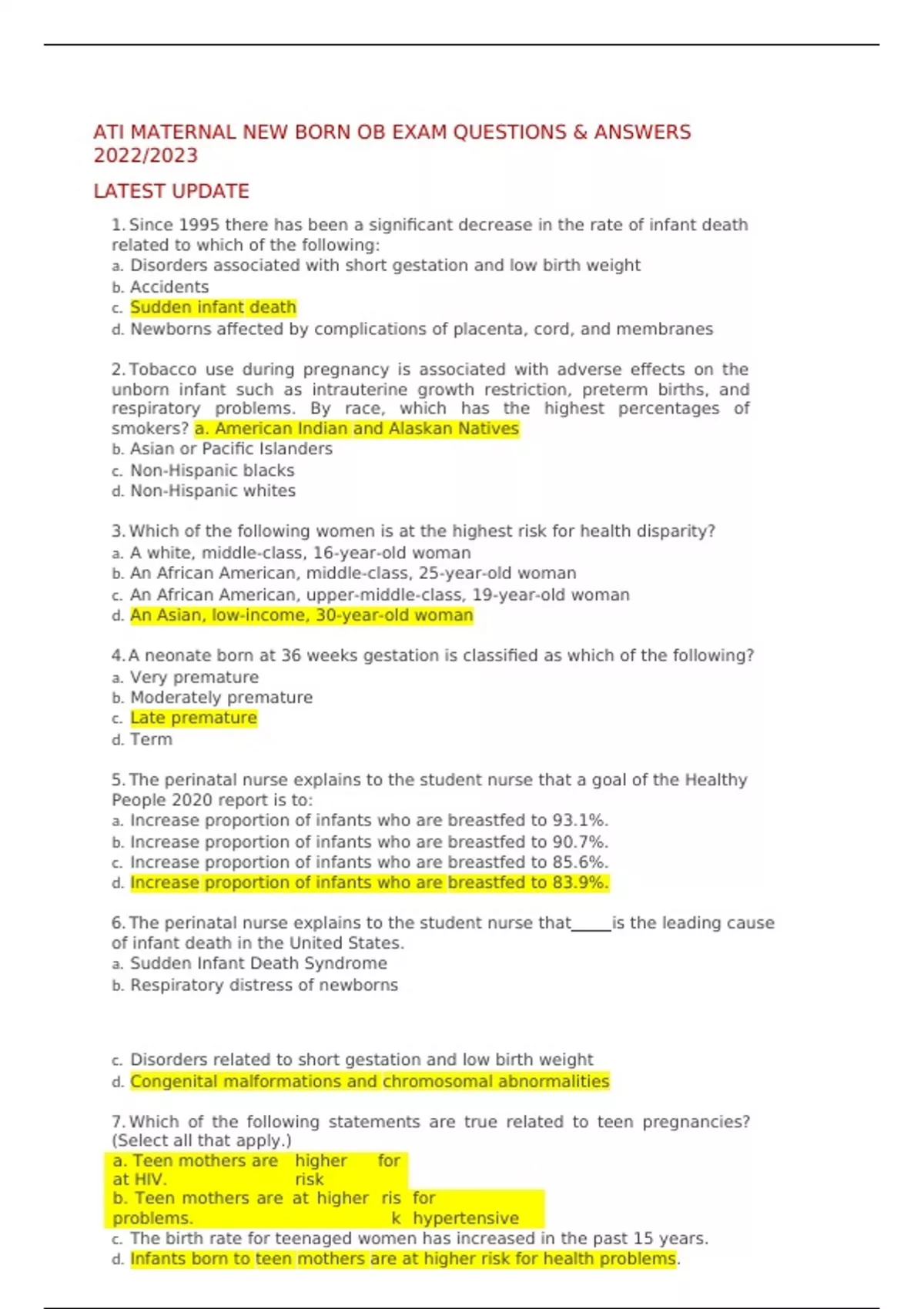 ATI MATERNAL NEW BORN OB EXAM QUESTIONS & ANSWERS 2022/2023 LATEST ...