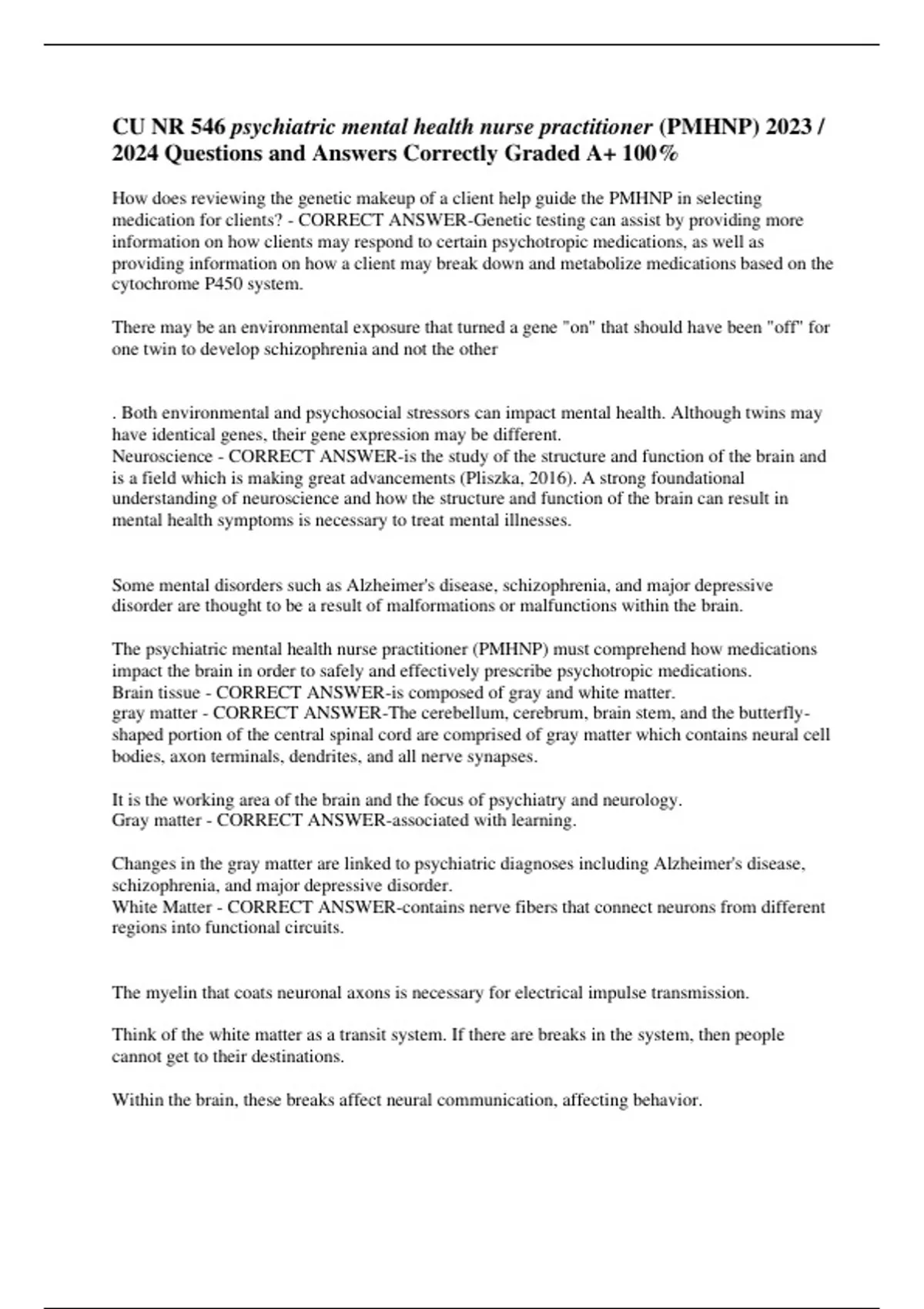 CU NR 546 psychiatric mental health nurse practitioner (PMHNP) 2023 / ...