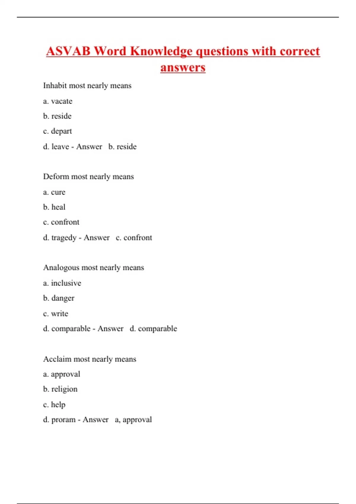 ASVAB Word Knowledge questions with correct answers - ASVAB - Stuvia US