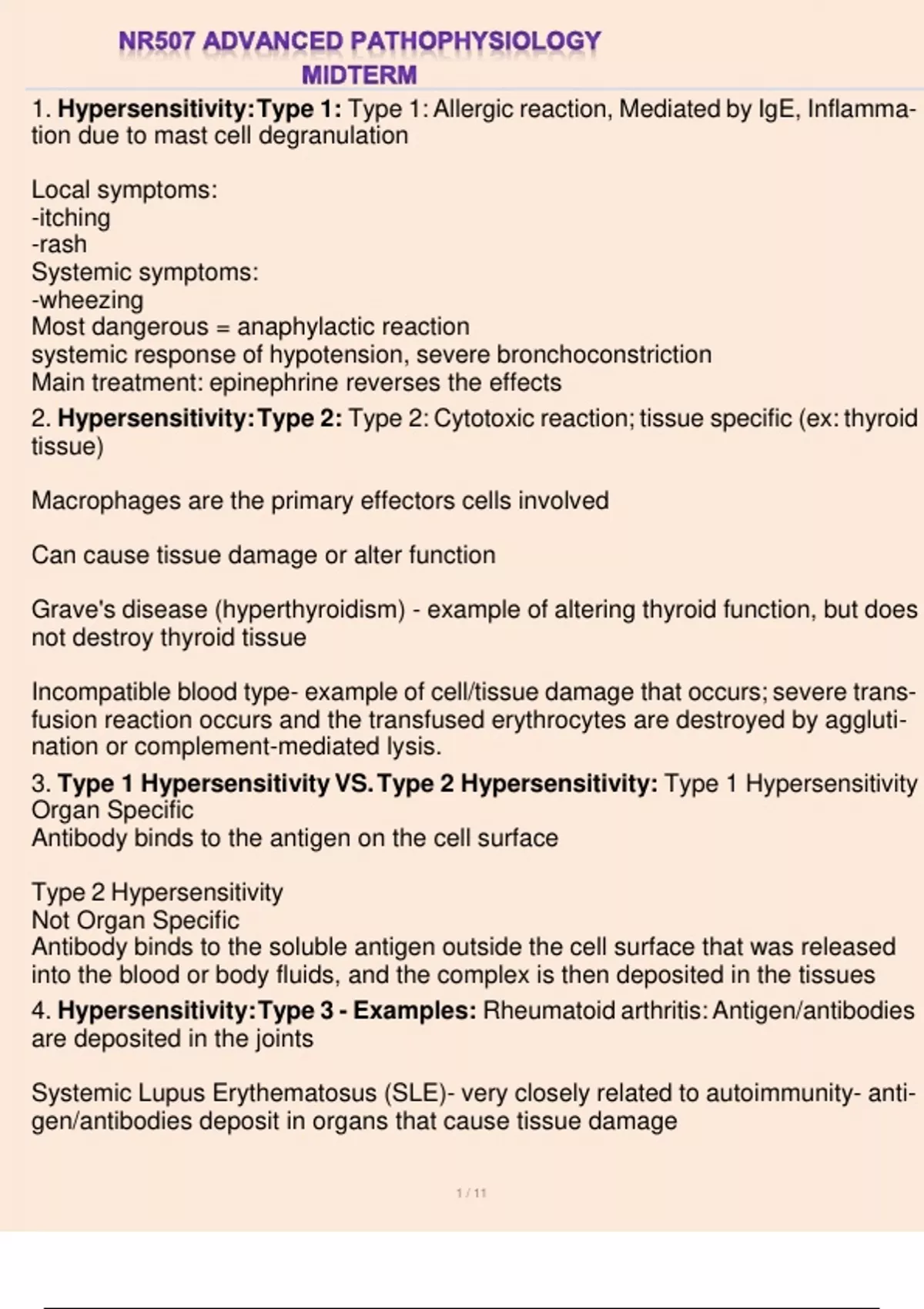 NR507 Advanced Pathophysiology MidTerm 1. Hypersensitivity: Type 1 ...