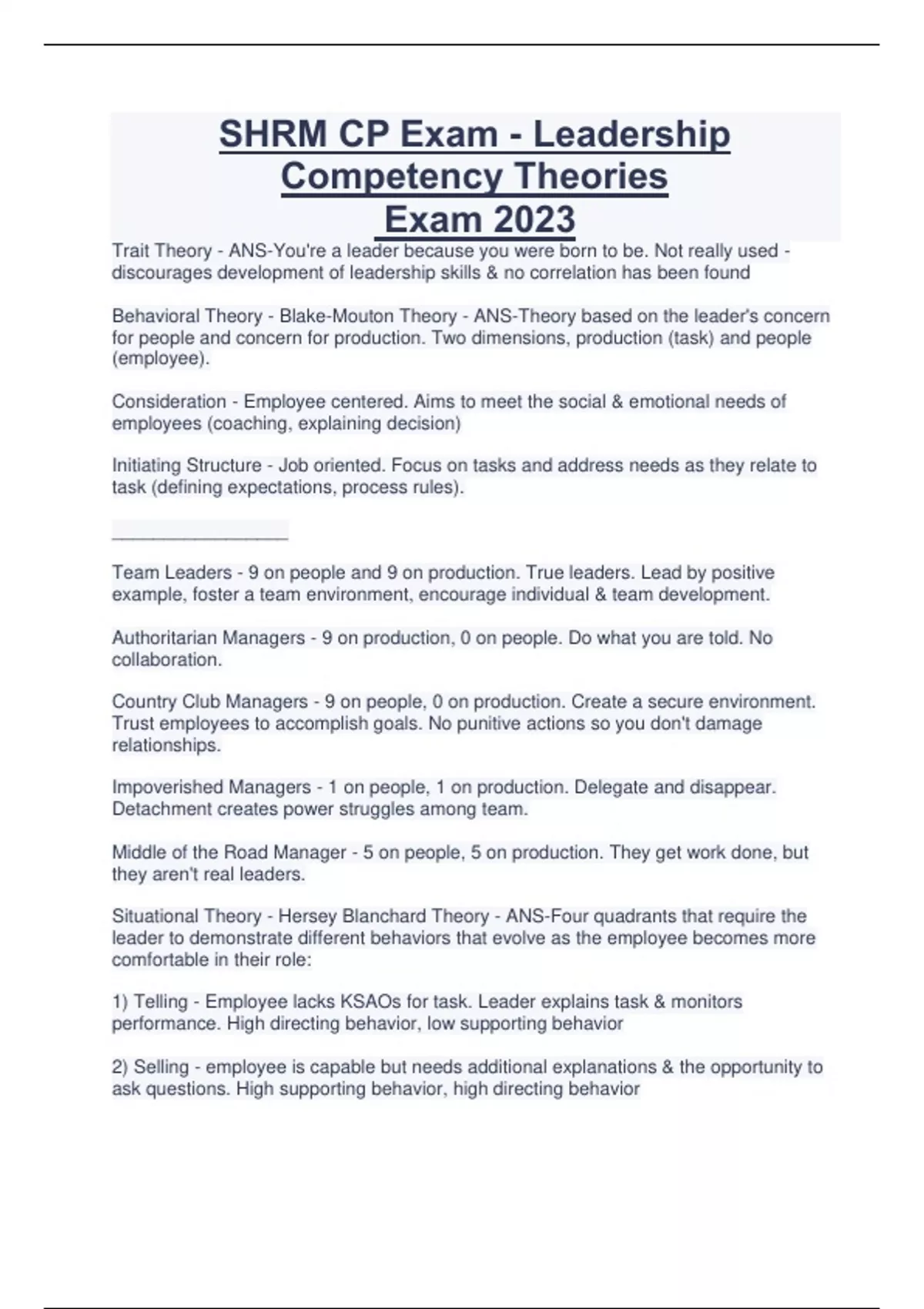 HRM CP Exam - Leadership Competency Theories Exam 2023 - HRM CP Exm - Leadership Competency ...