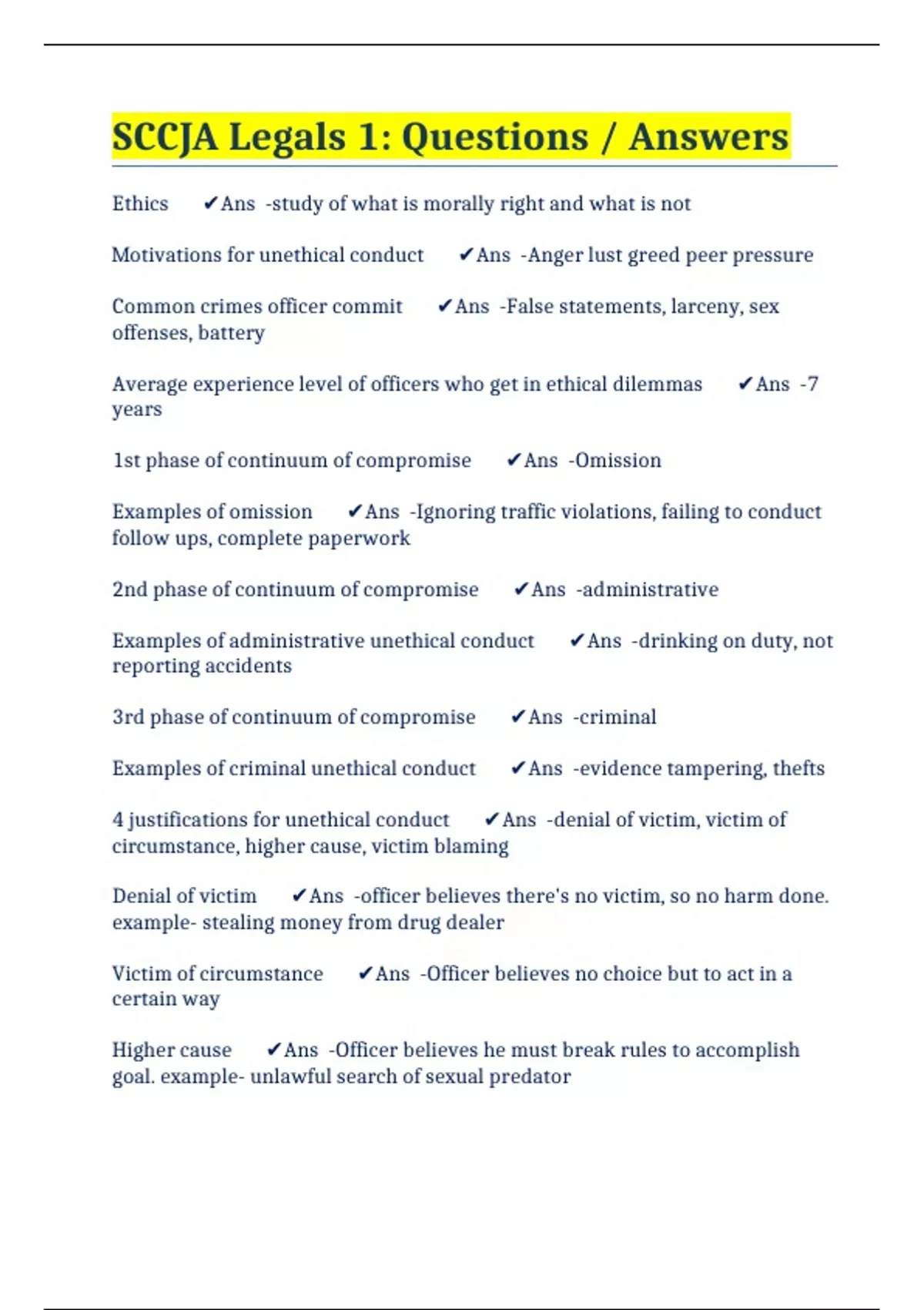 SCCJA Legals 1: Questions / Answers - SCCJA Legals 1 - Stuvia US