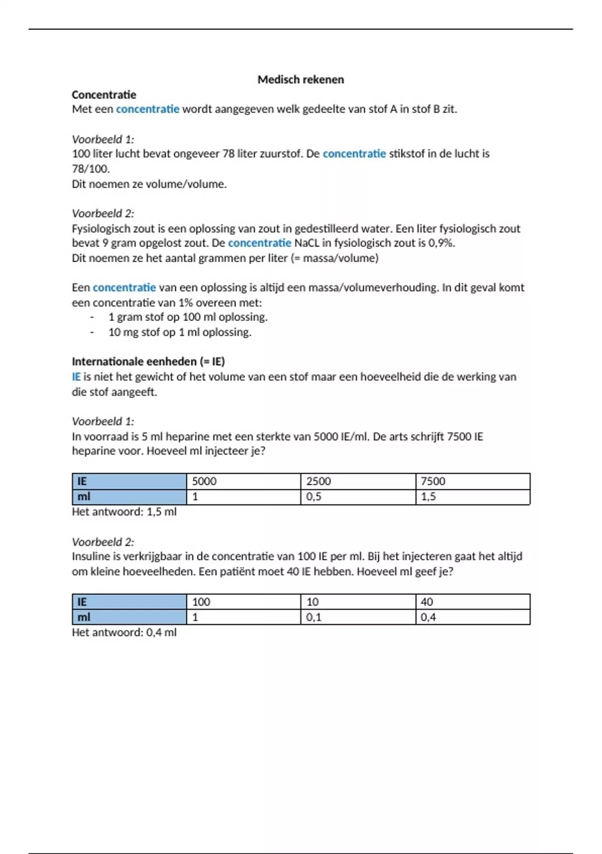 Samenvatting Medisch rekenen voor verpleegkundige 1e jaars ...