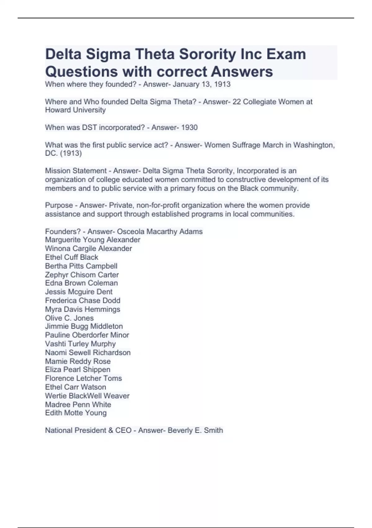 Delta Sigma Theta Sorority Inc Exam Questions with correct Answers ...