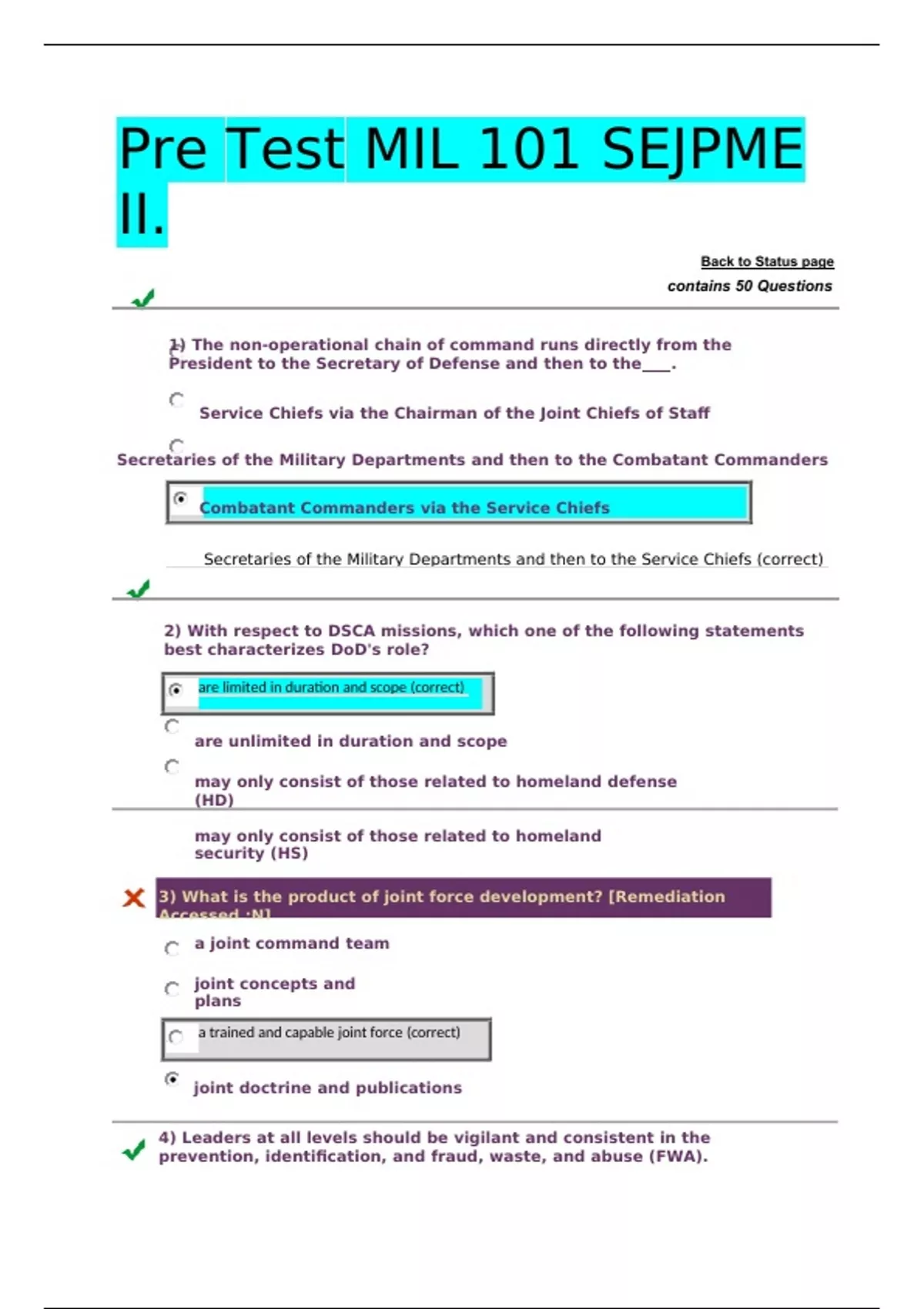 Pre Test MIL 101 SEJPME II. - MIL 101 SEJPME II. - Stuvia US