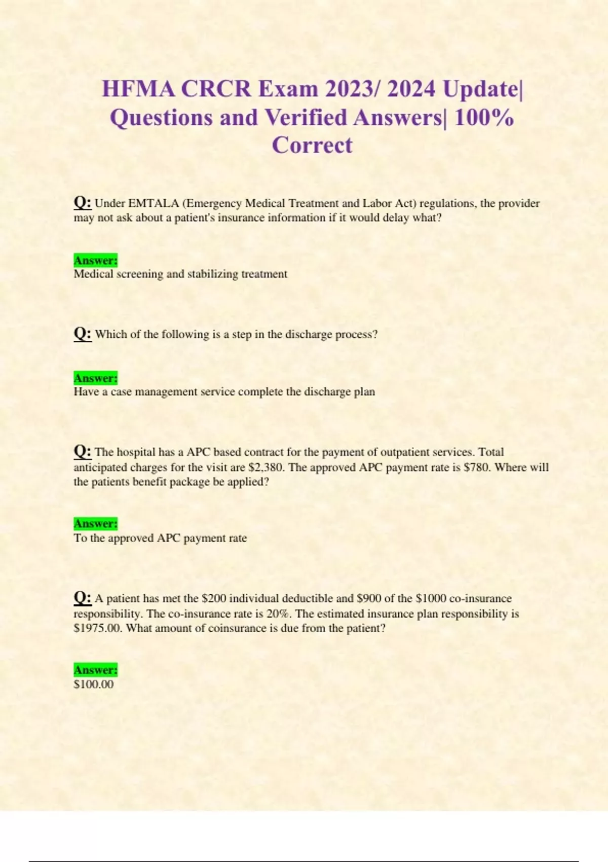 HFMA CRCR Exam 2023/ 2024 Update| Questions and Verified Answers| 100% ...