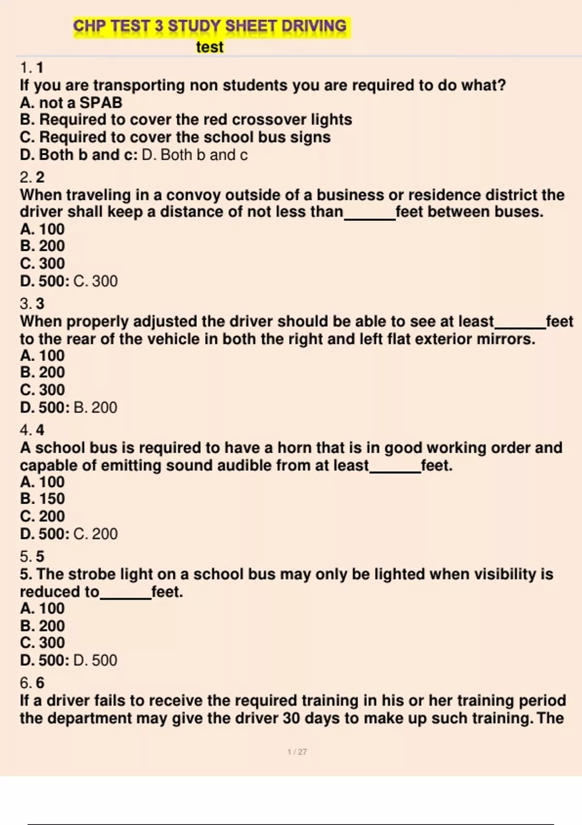 CHP TEST 3 STUDY SHEET Driving 1. 1 If you are transporting non ...