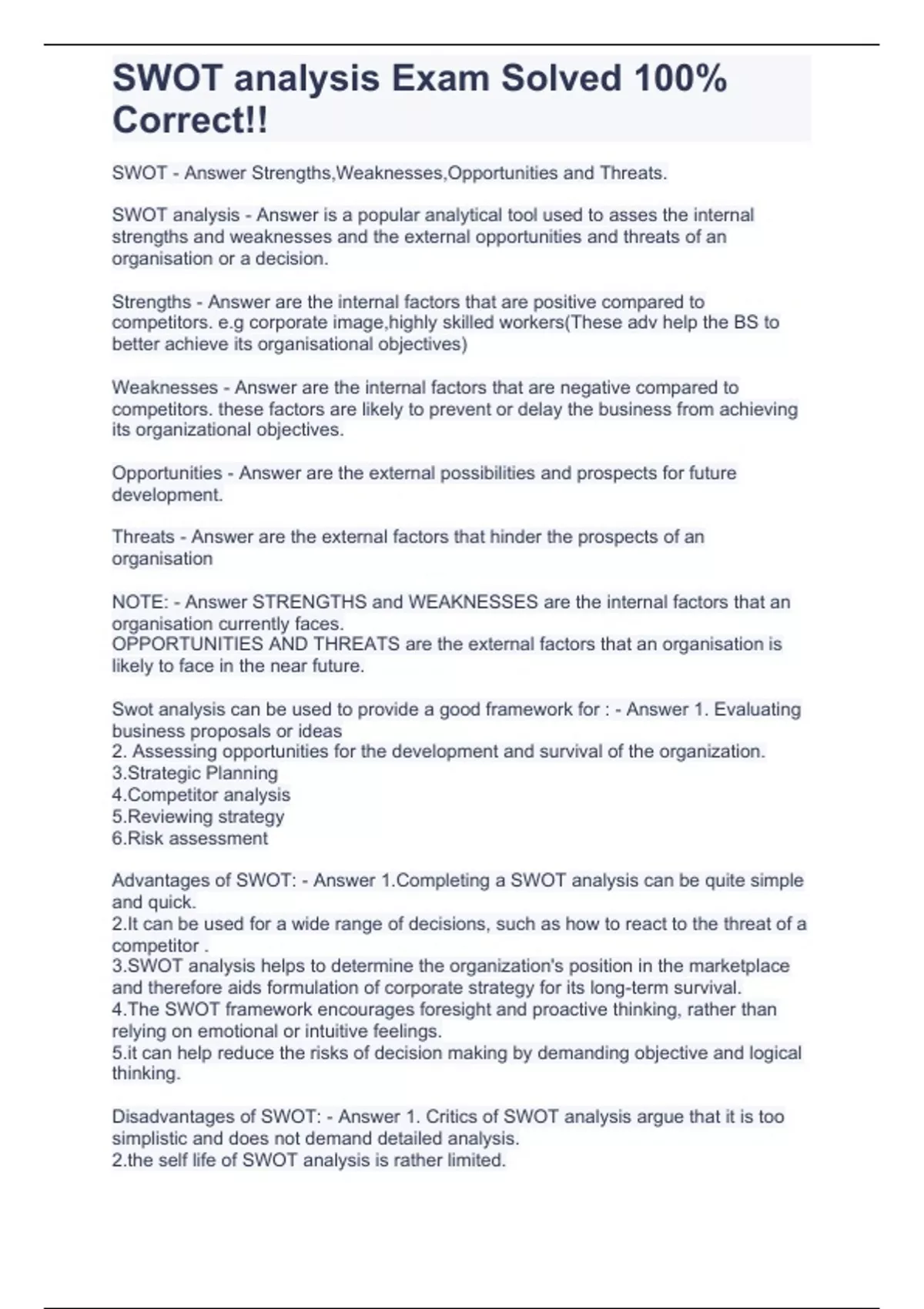 SWOT analysis Exam Solved 100% Correct!! - SWOT - Stuvia US