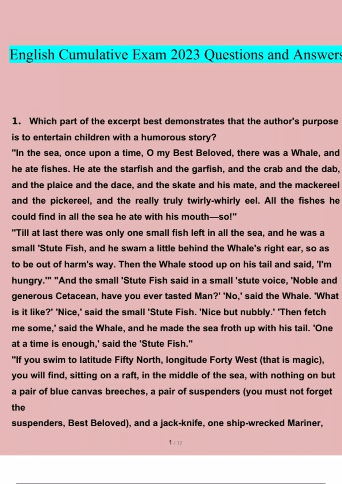 English Cumulative Exam 2023 STUDY BUNDLE (COMPLETE PACKAGE)(Verified ...