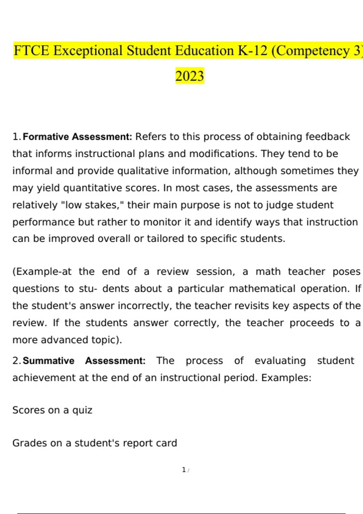Summary FTCE Exceptional Student Education K-12 (Competency 3)Complete ...