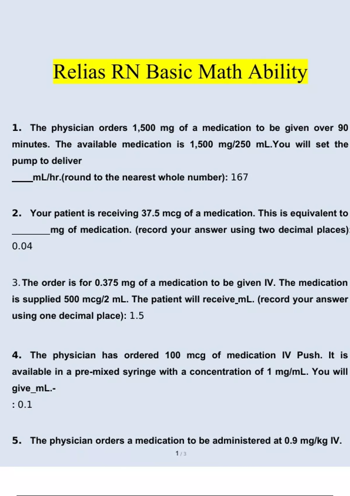 Relias RN Basic Math Ability Exam Questions and Answers 2023 (Verified ...