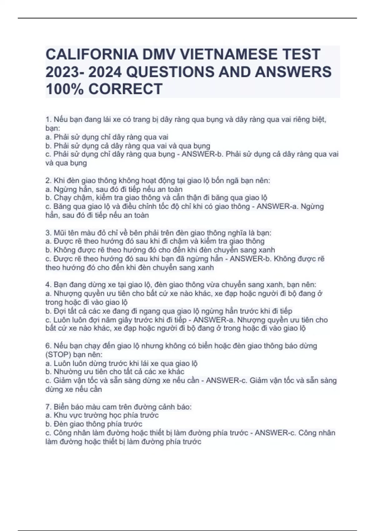 CALIFORNIA DMV VIETNAMESE TEST QUESTIONS AND ANSWERS 100% CORRECT ...