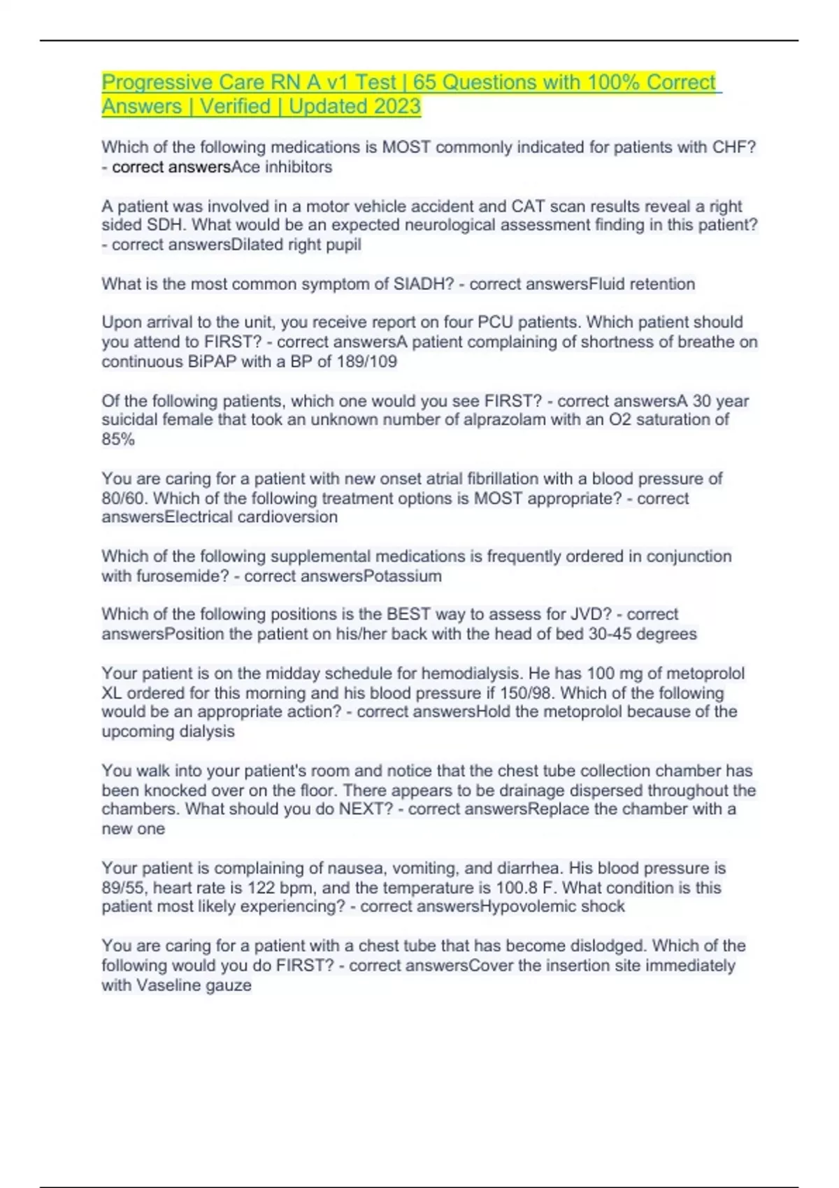 Progressive Care RN A v1 Test | 65 Questions with 100% Correct Answers ...