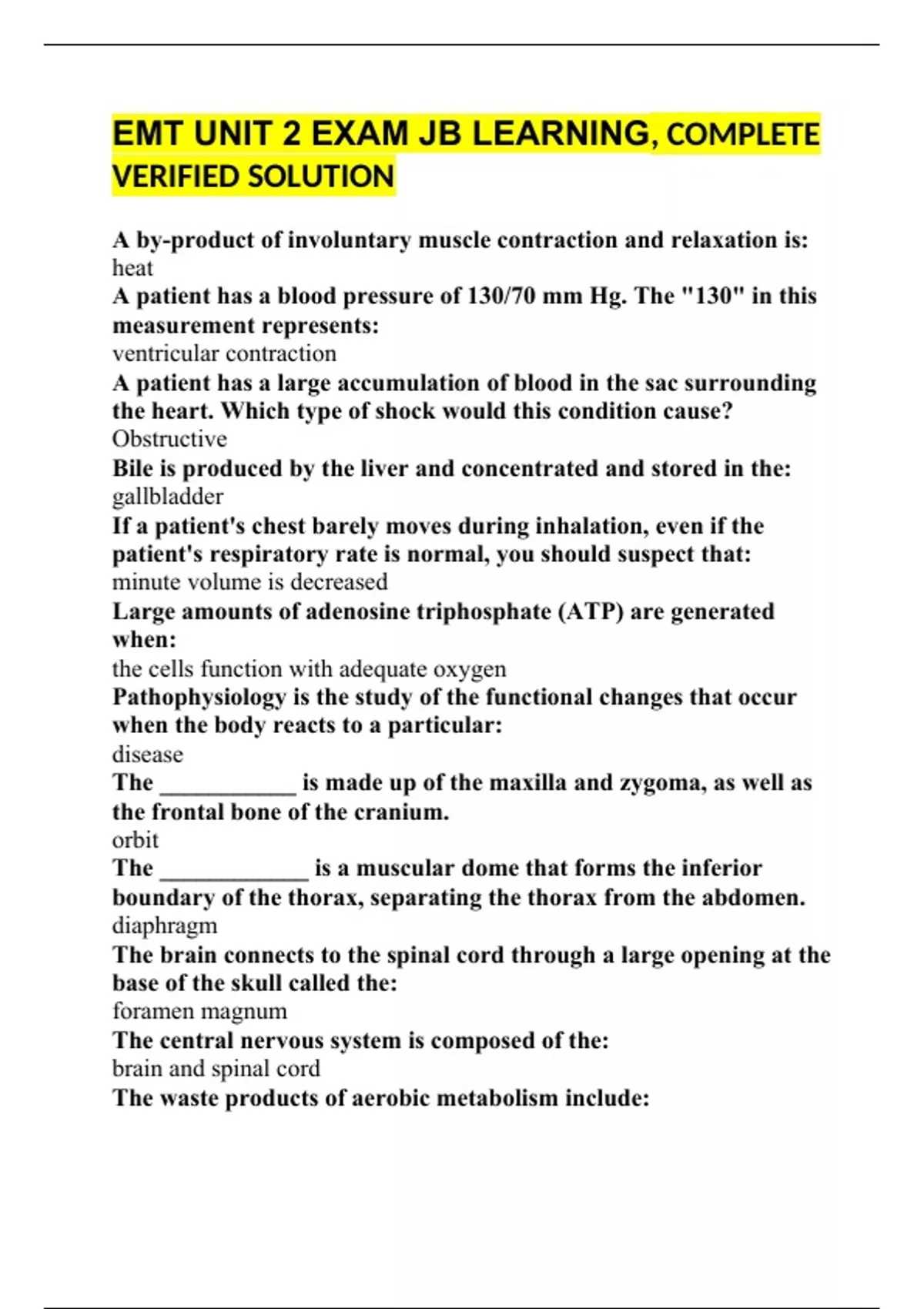EMT UNIT 2 EXAM JB LEARNING, COMPLETE VERIFIED SOLUTION - EMT UNIT 2 - Stuvia US