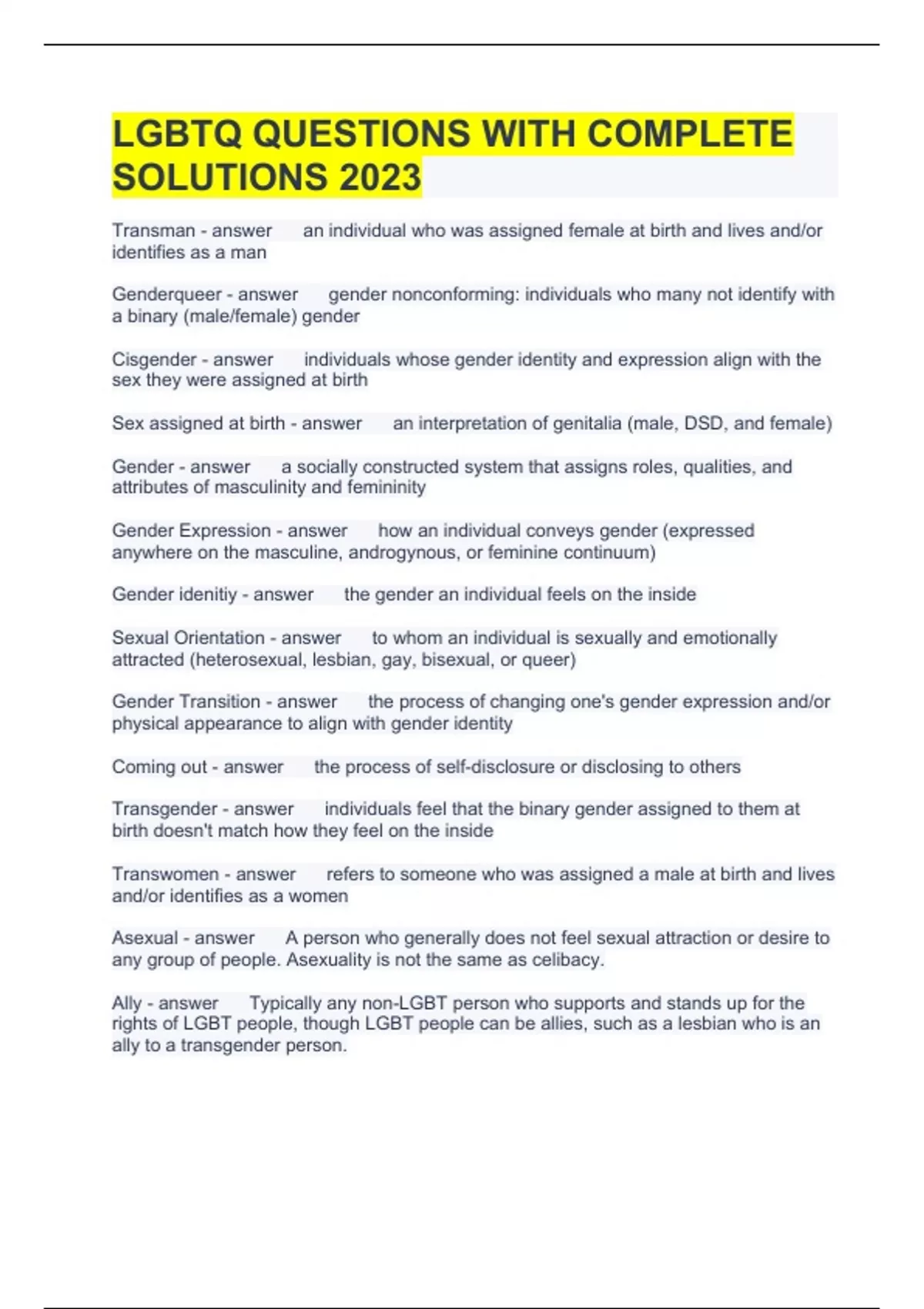 LGBTQ QUESTIONS WITH COMPLETE SOLUTIONS 2023 - LGBTQ - Stuvia US