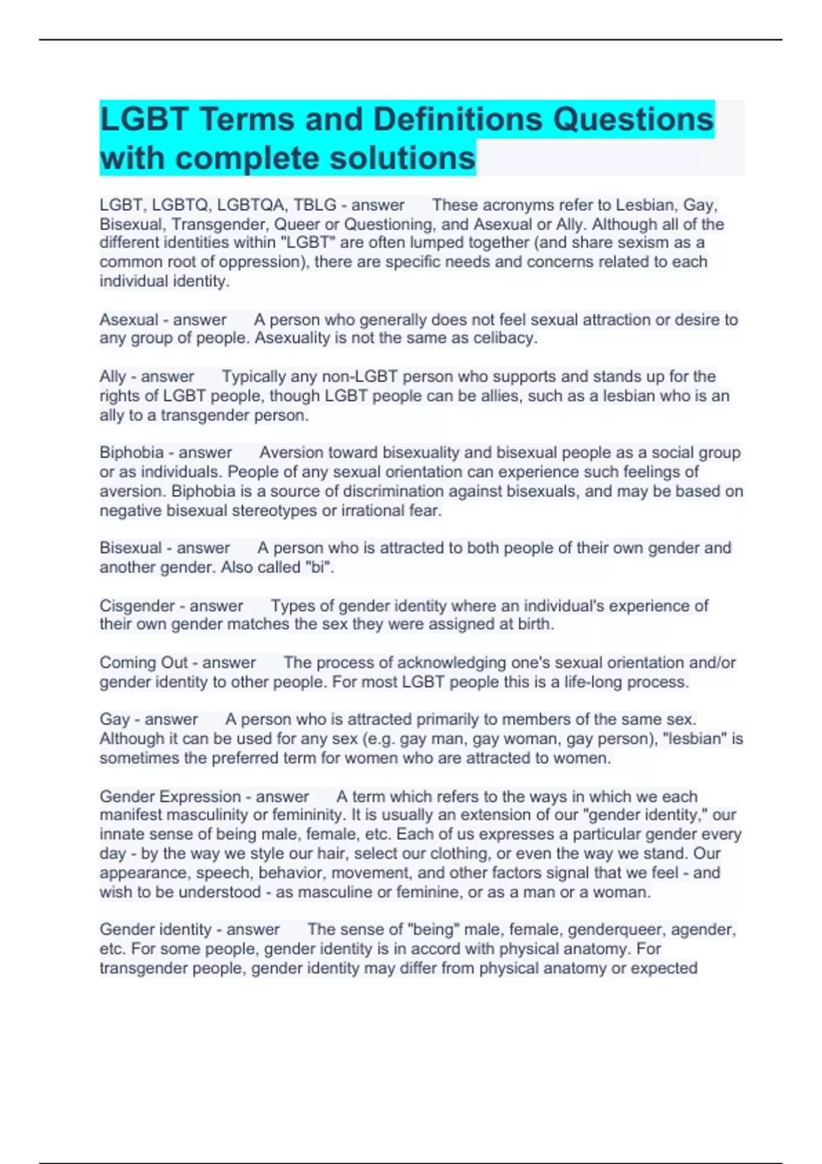 LGBT Terms and Definitions Questions with complete solutions - LGBTQ ...