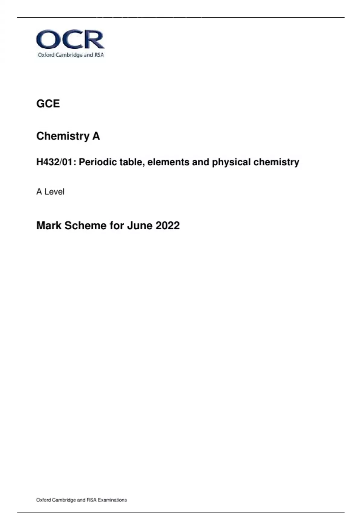 OCR AS LEVEL Chemistry A H432/01 JUNE 2022 FINAL MARK SCHEMEPeriodic ...