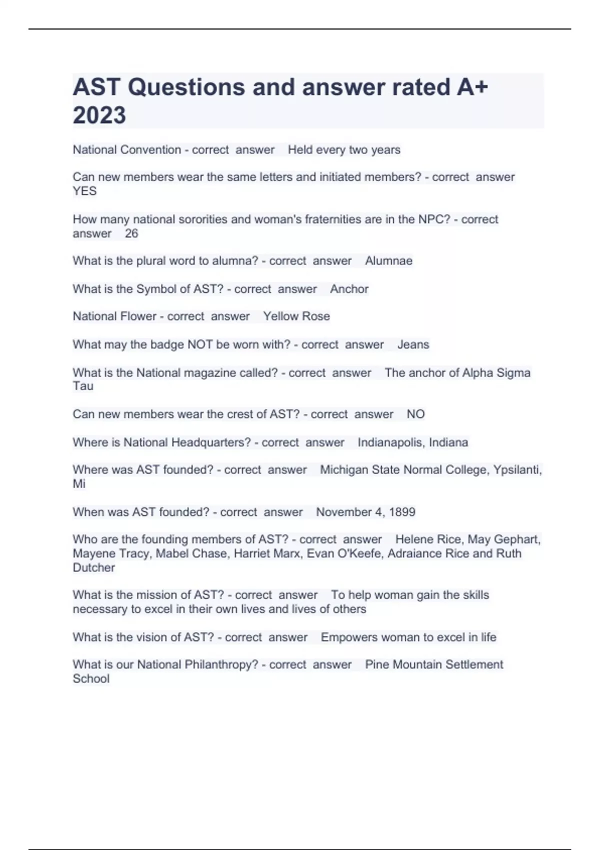 AST Questions and answer rated A+ 2023 - AST - Stuvia US