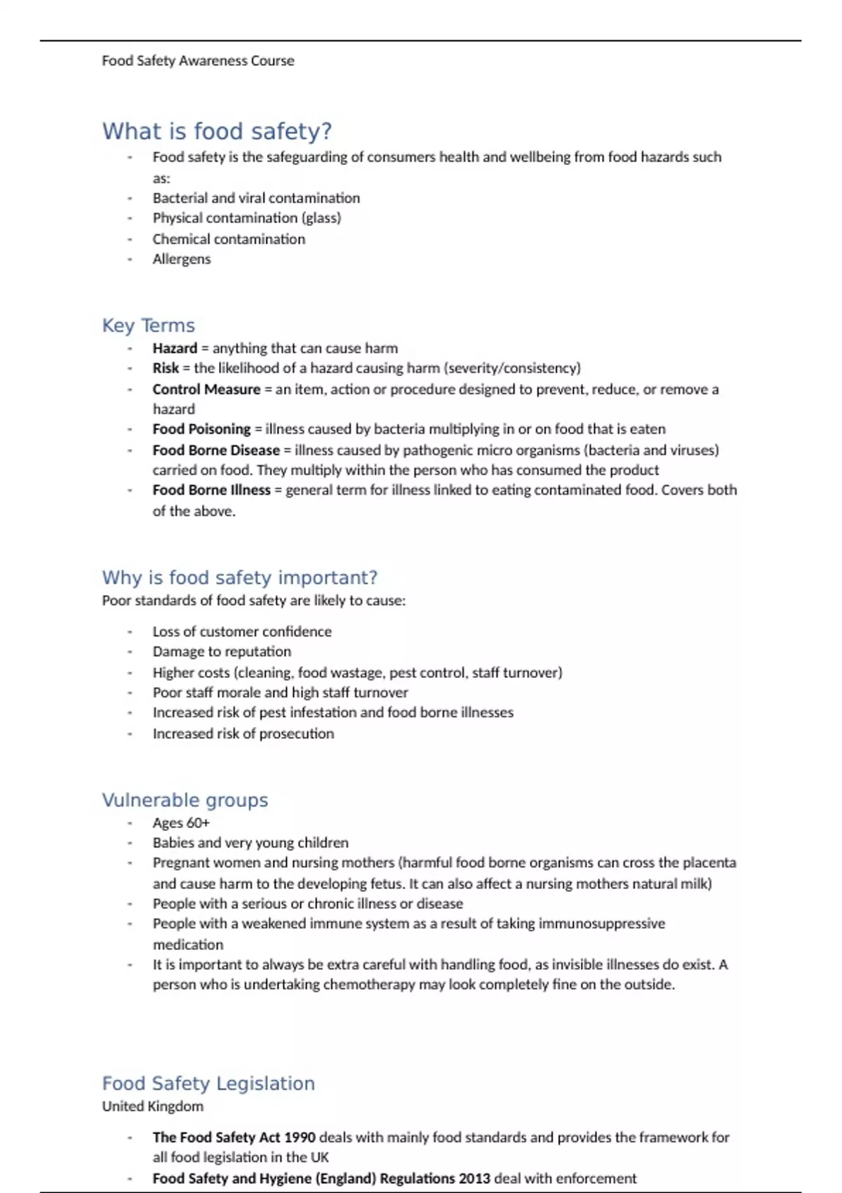 Food Safety in the Workplace (Part One) - Health and Safety - Stuvia US