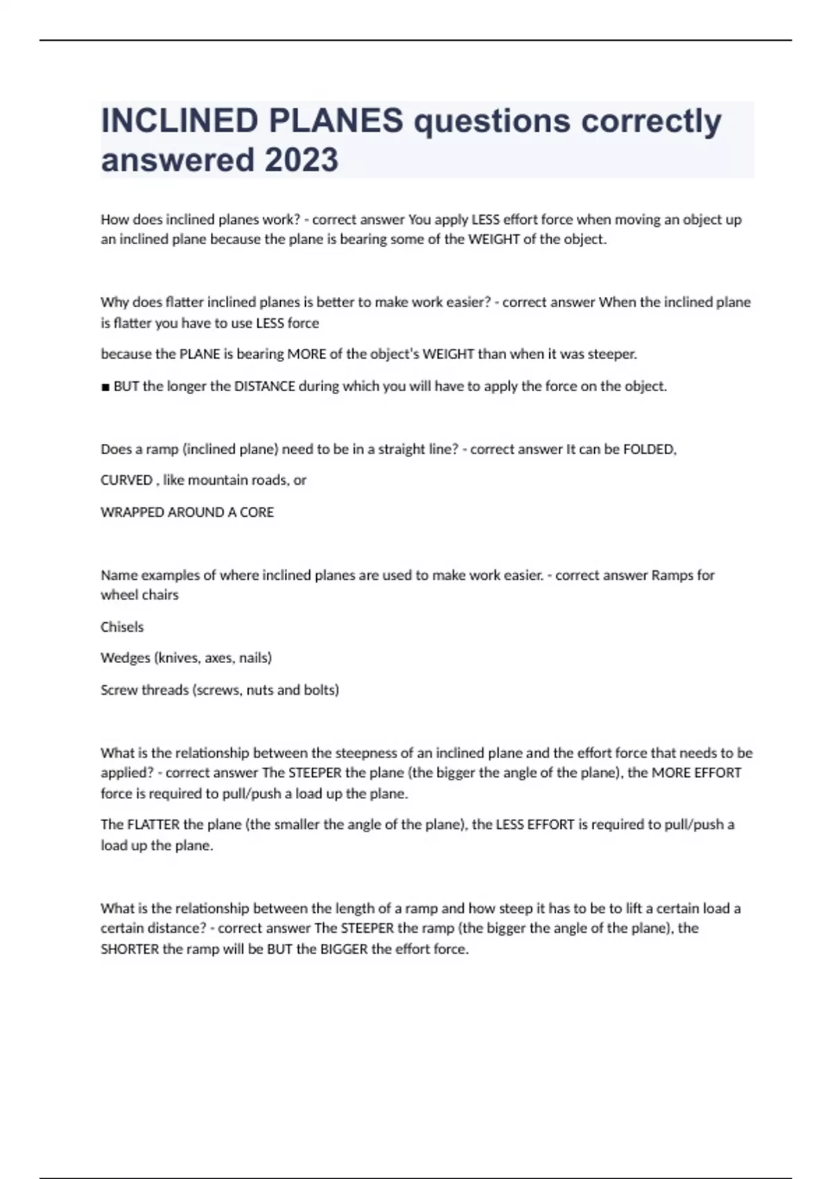 INCLINED PLANES questions correctly answered 2023 - Ramp - Stuvia US