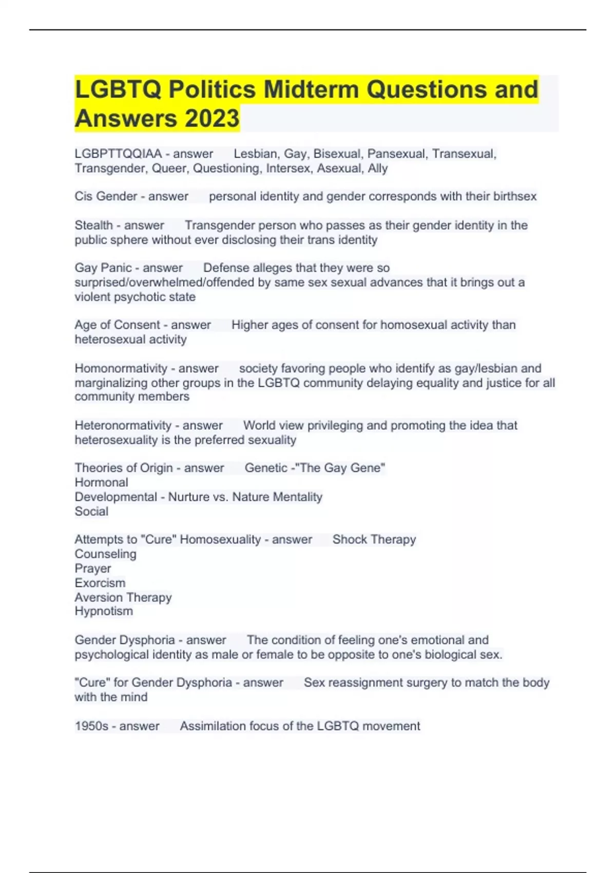 LGBTQ Politics Midterm Questions and Answers 2023 - LGBTQ - Stuvia US