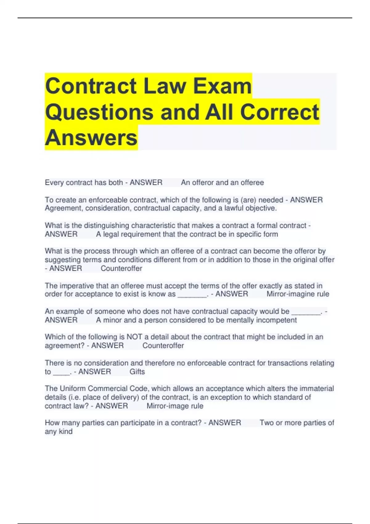 Contract Law Exam Questions and All Correct Answers - Contract Law ...