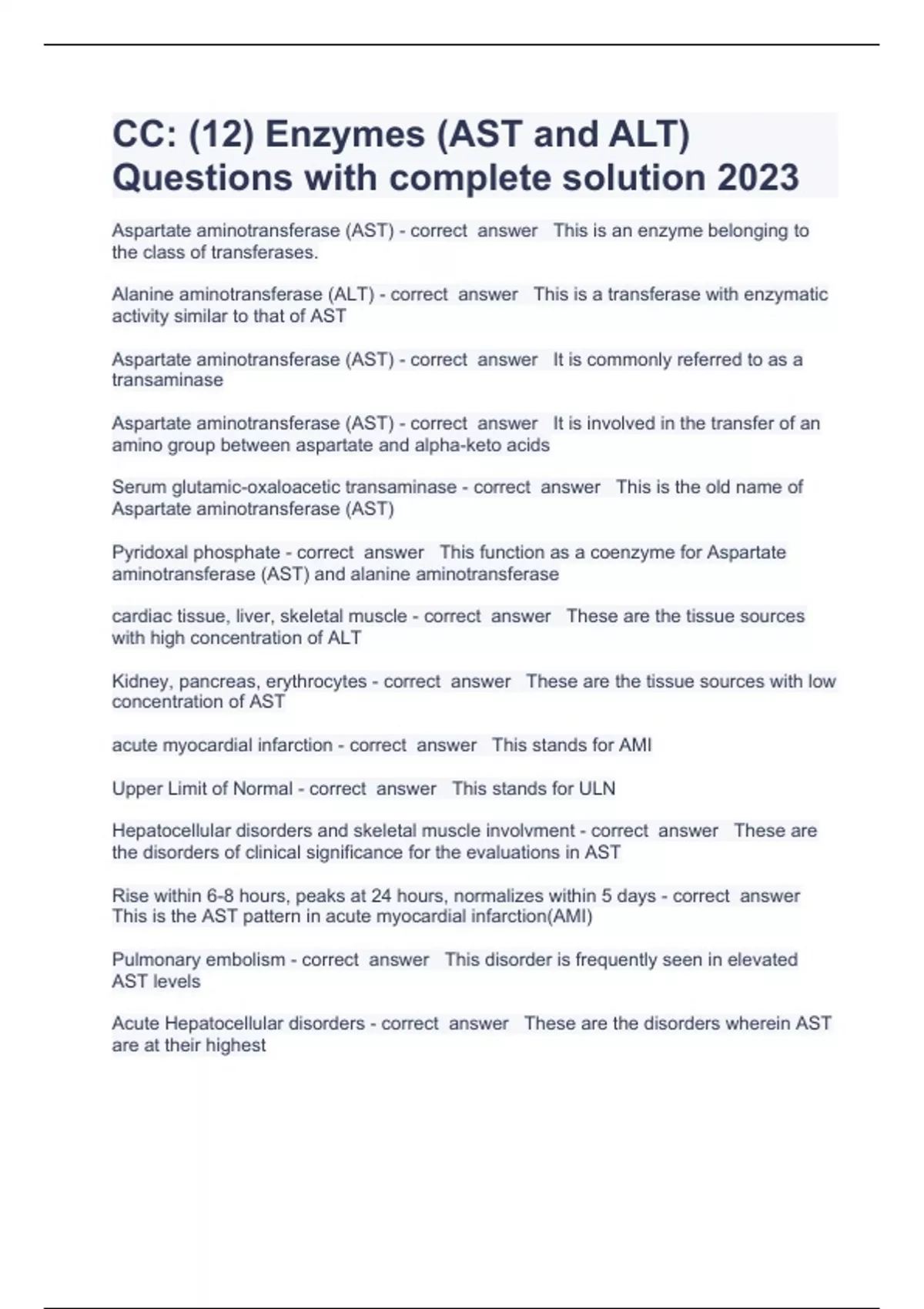 CC: (12) Enzymes (AST and ALT) Questions with complete solution 2023 ...