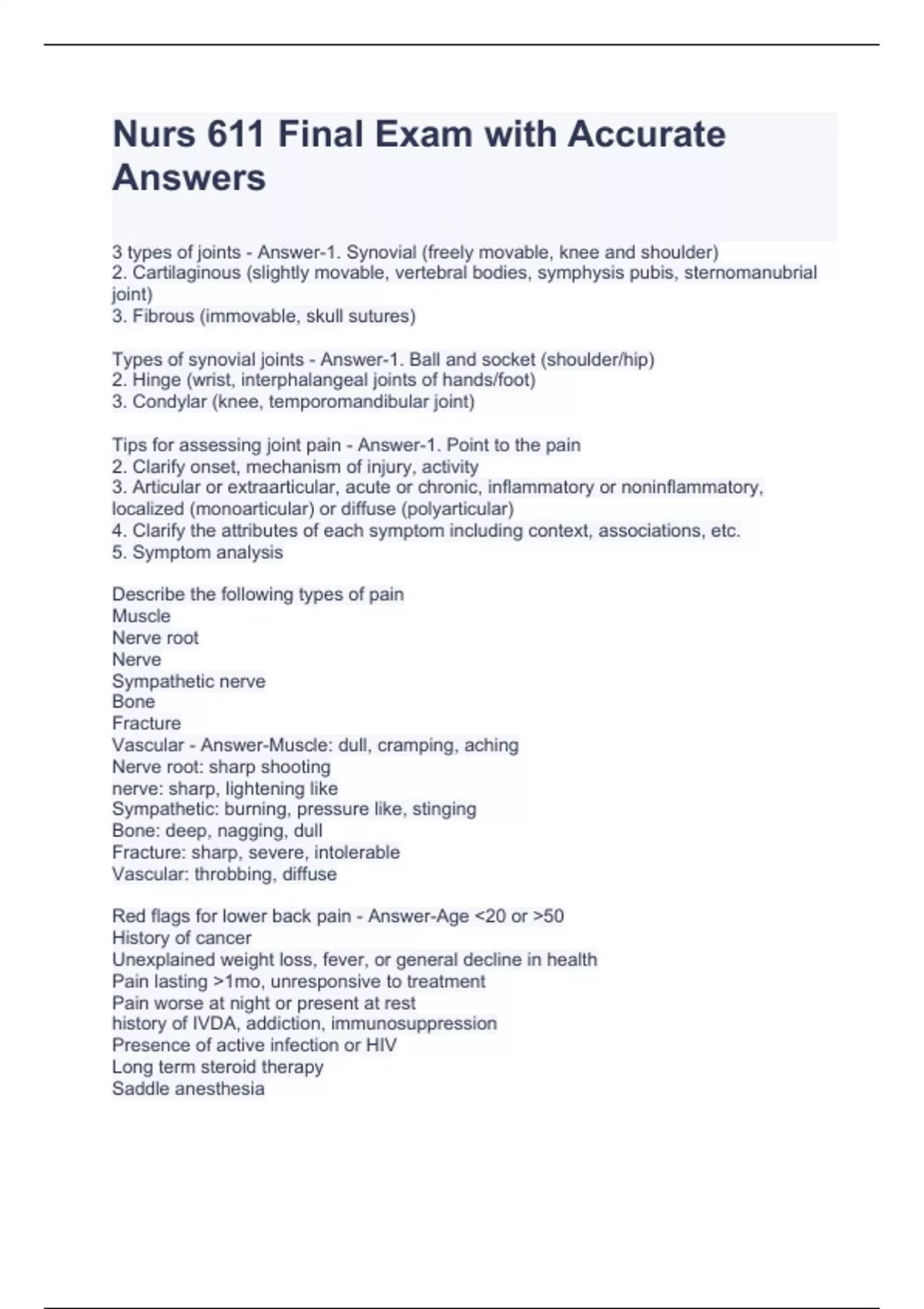Nurs 611 Final Exam with Accurate Answers - Nurs 611 - Stuvia US