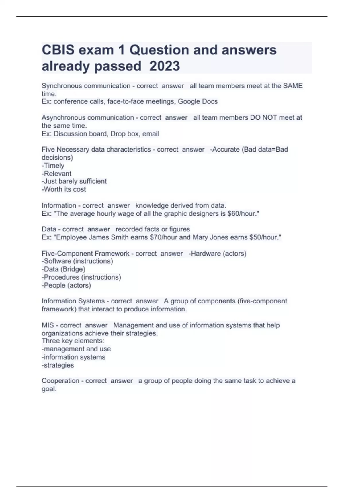 CBIS exam 1 Question and answers already passed 2023 - CBIS - Stuvia US