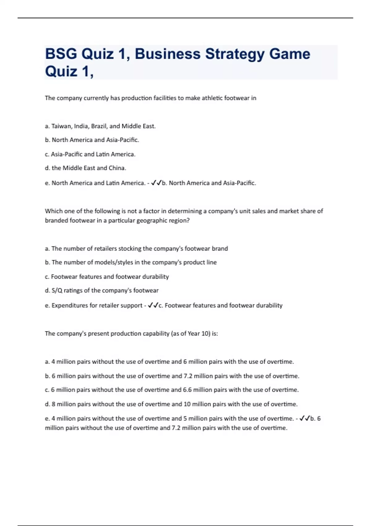 BSG Quiz 1, Business Strategy | 59 Questions and Answers with complete ...