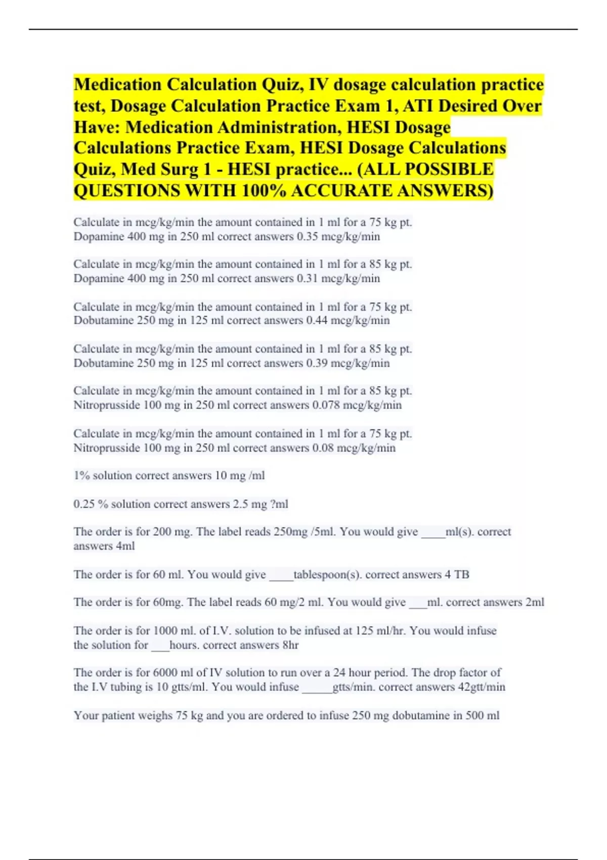 Medication Calculation Quiz, IV dosage calculation practice test ...