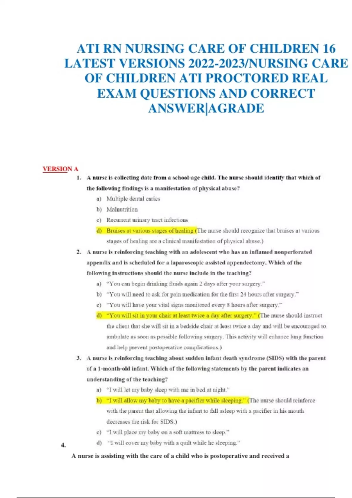 ATI RN NURSING CARE OF CHILDREN 16 LATEST VERSIONS /NURSING CARE OF ...