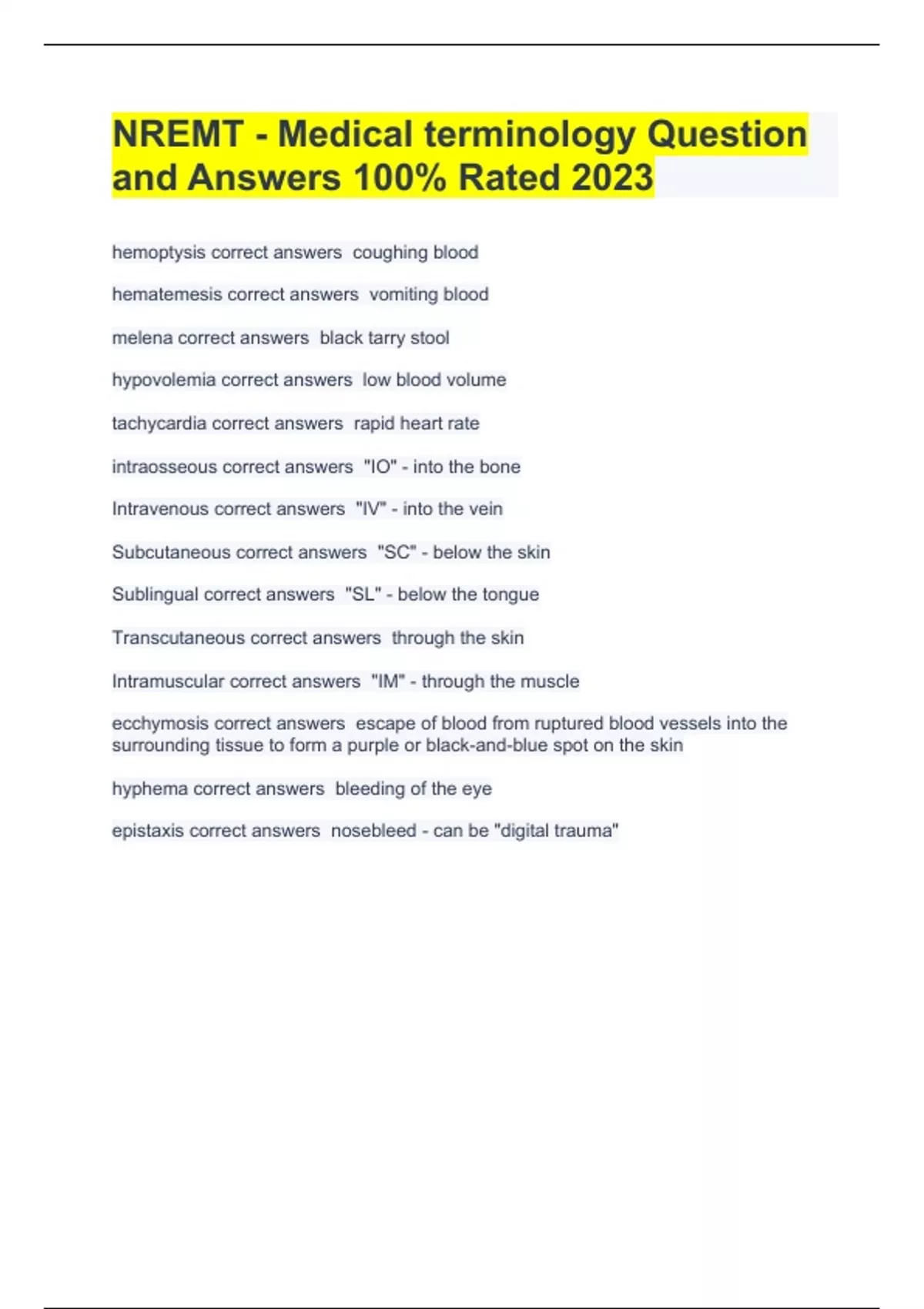 NREMT - Medical terminology Question and Answers 100% Rated 2023 ...