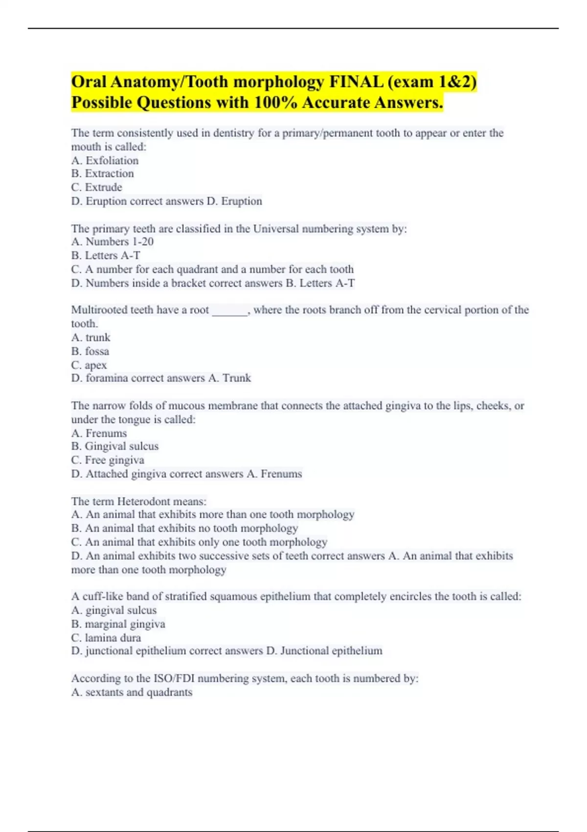 Oral Anatomy/Tooth morphology FINAL (exam 1&2) Possible Questions with ...