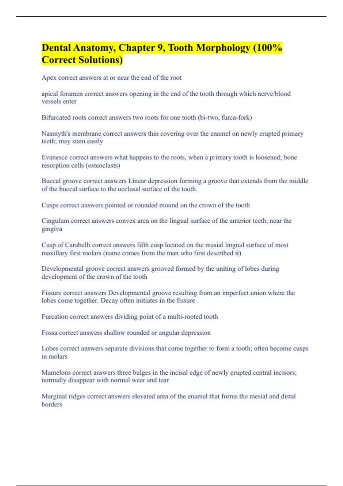 Dental Anatomy, Chapter 9, Tooth Morphology (100% Correct Solutions) - Dental Anatomy, Chapter 9 ...