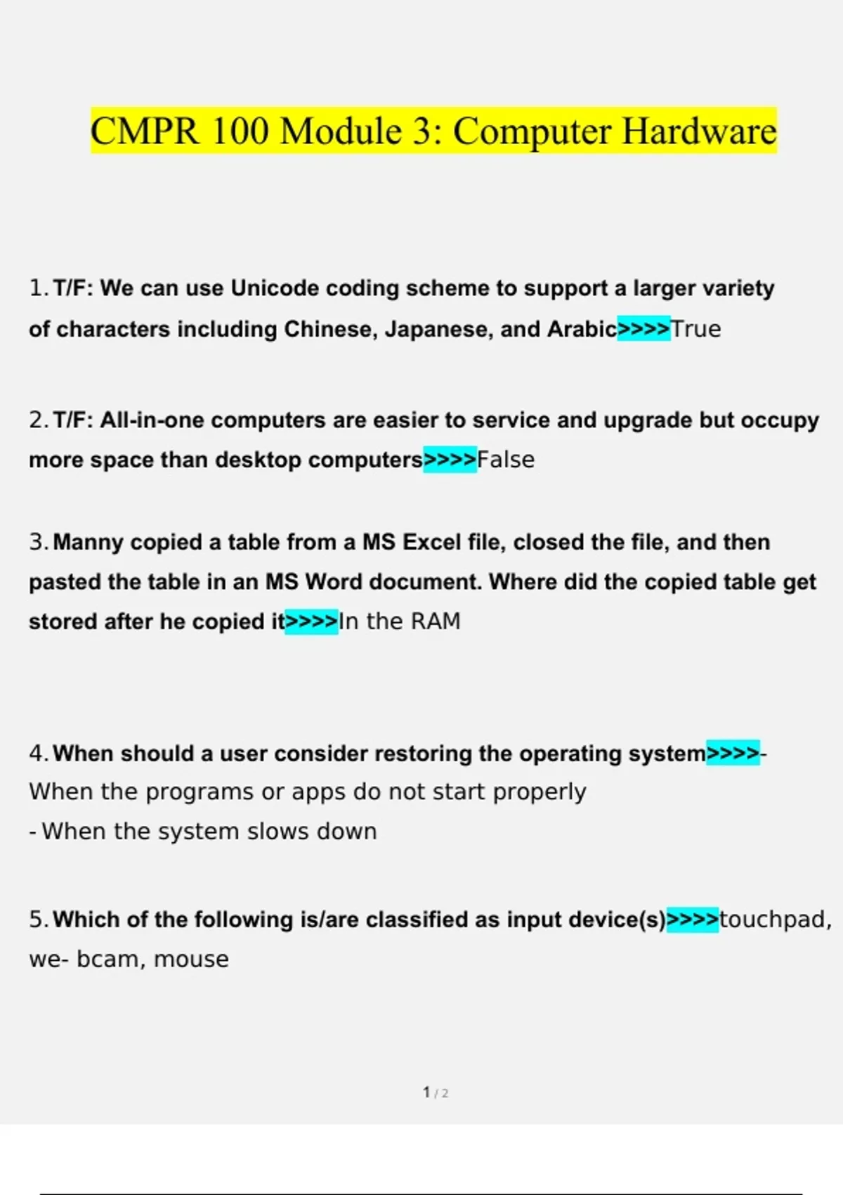 CMPR 100 Module 1 - 5 (Questions and Answers )2023 (Verified Answers) - Stuvia US