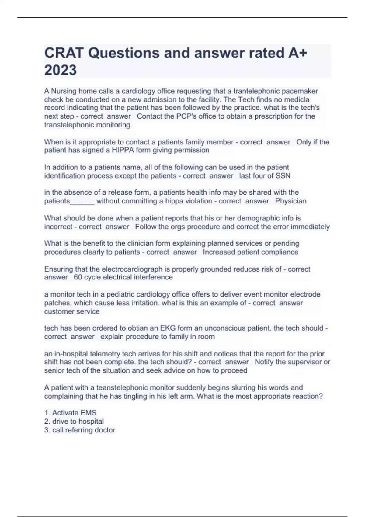 CRAT Questions and answer rated A+ 2023 - CRAT - Stuvia US