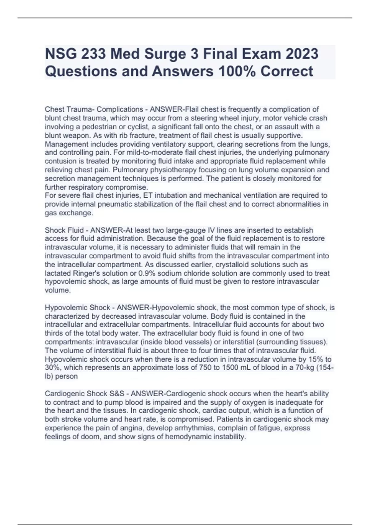 NSG 233 Med Surge 3 Final Exam 2023 Questions and Answers 100% Correct ...
