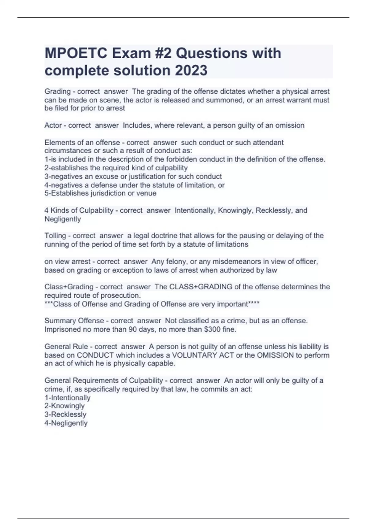 MPOETC Exam #2 Questions with complete solution 2023 - MPOETC - Stuvia US