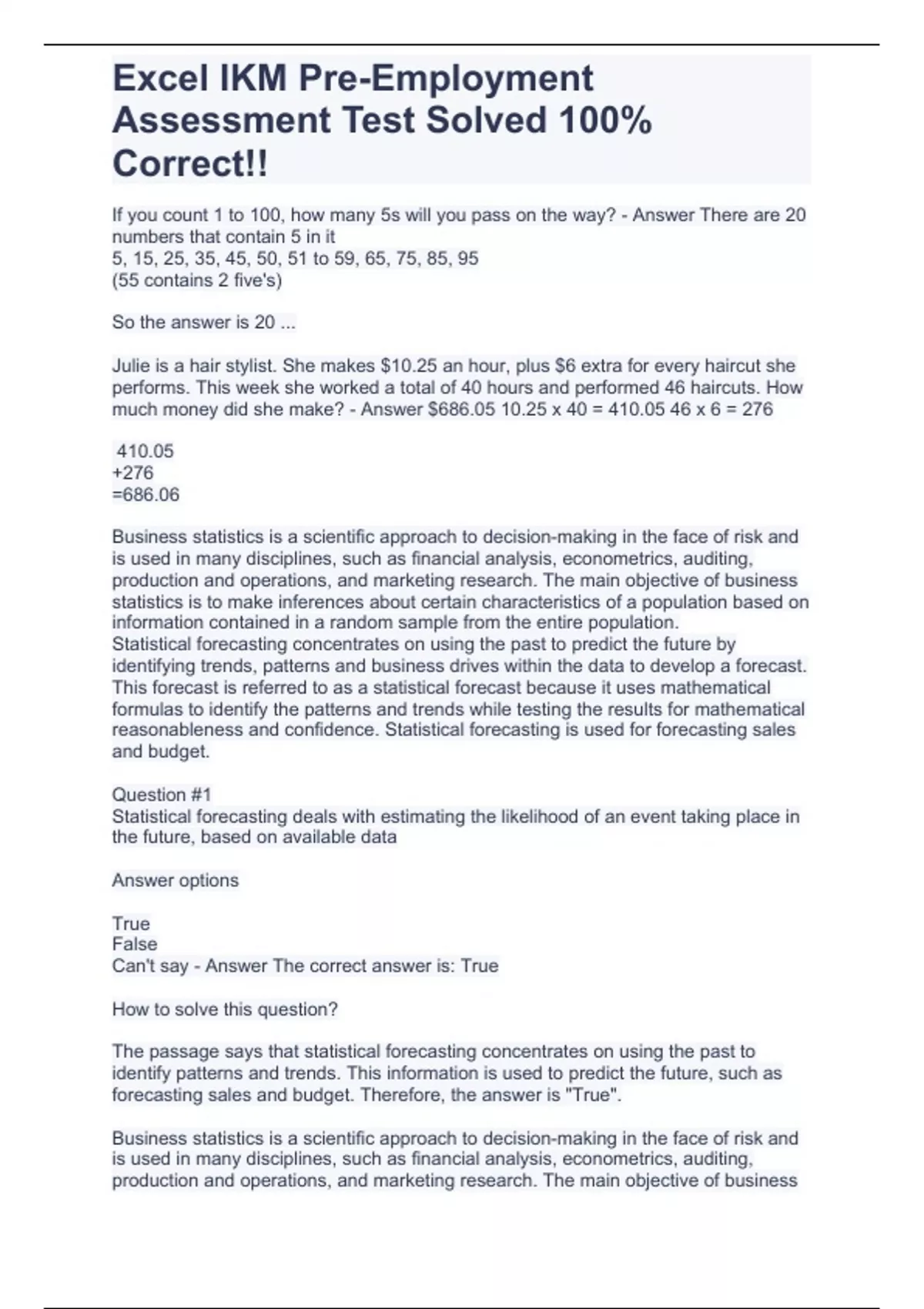 Excel IKM Pre-Employment Assessment Test Solved 100% Correct!! - Excel ...