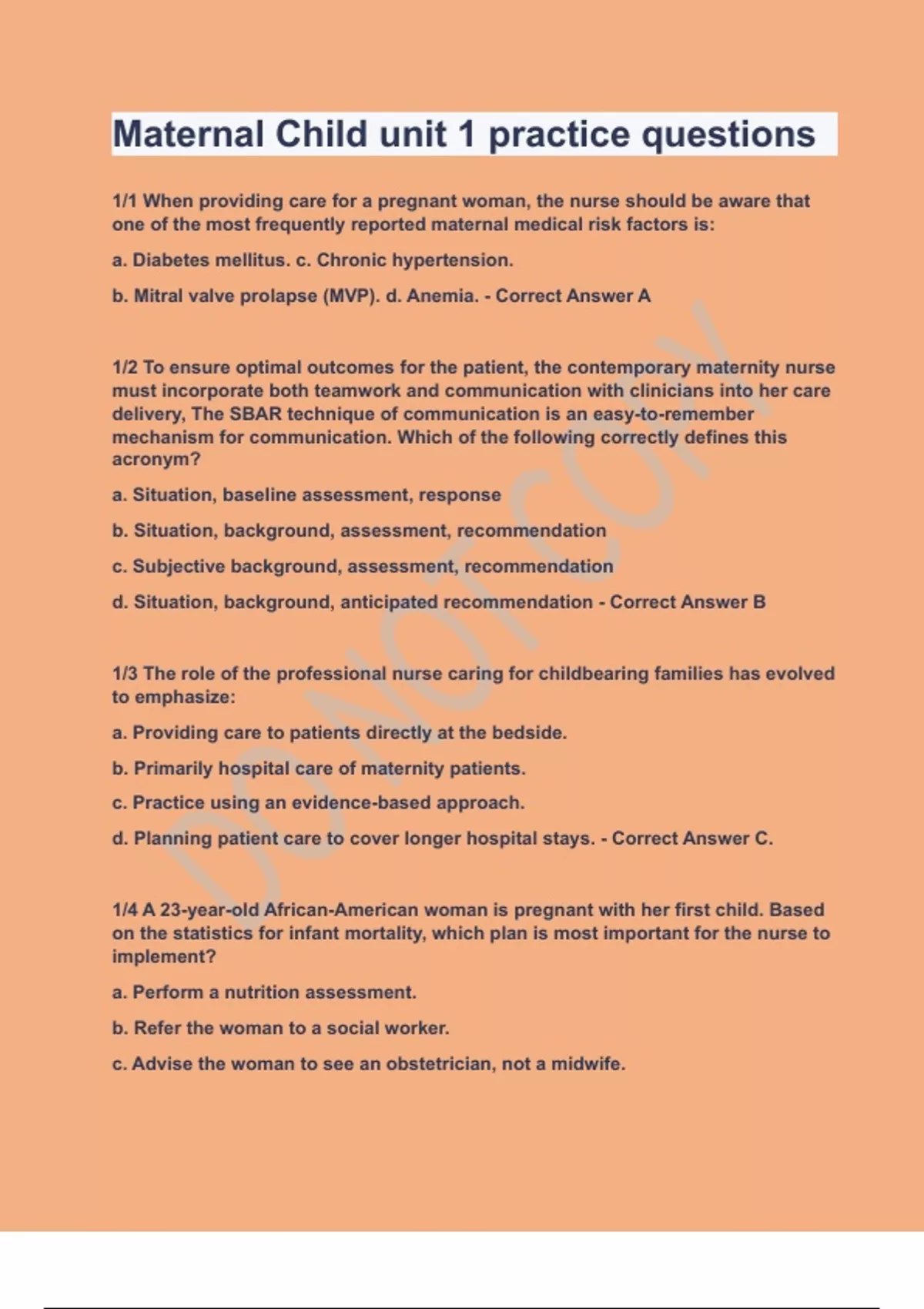 Maternal Child unit 1 practice questions and answers - Maternal Child ...